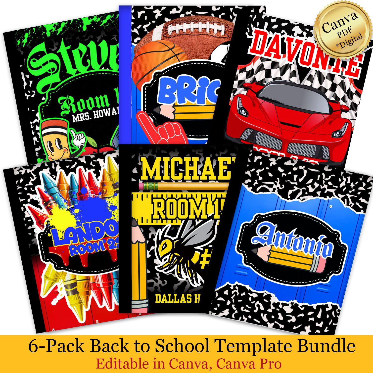 6 Pack Composition Notebook Cover Template Bundle, Digital, Editable in ...
