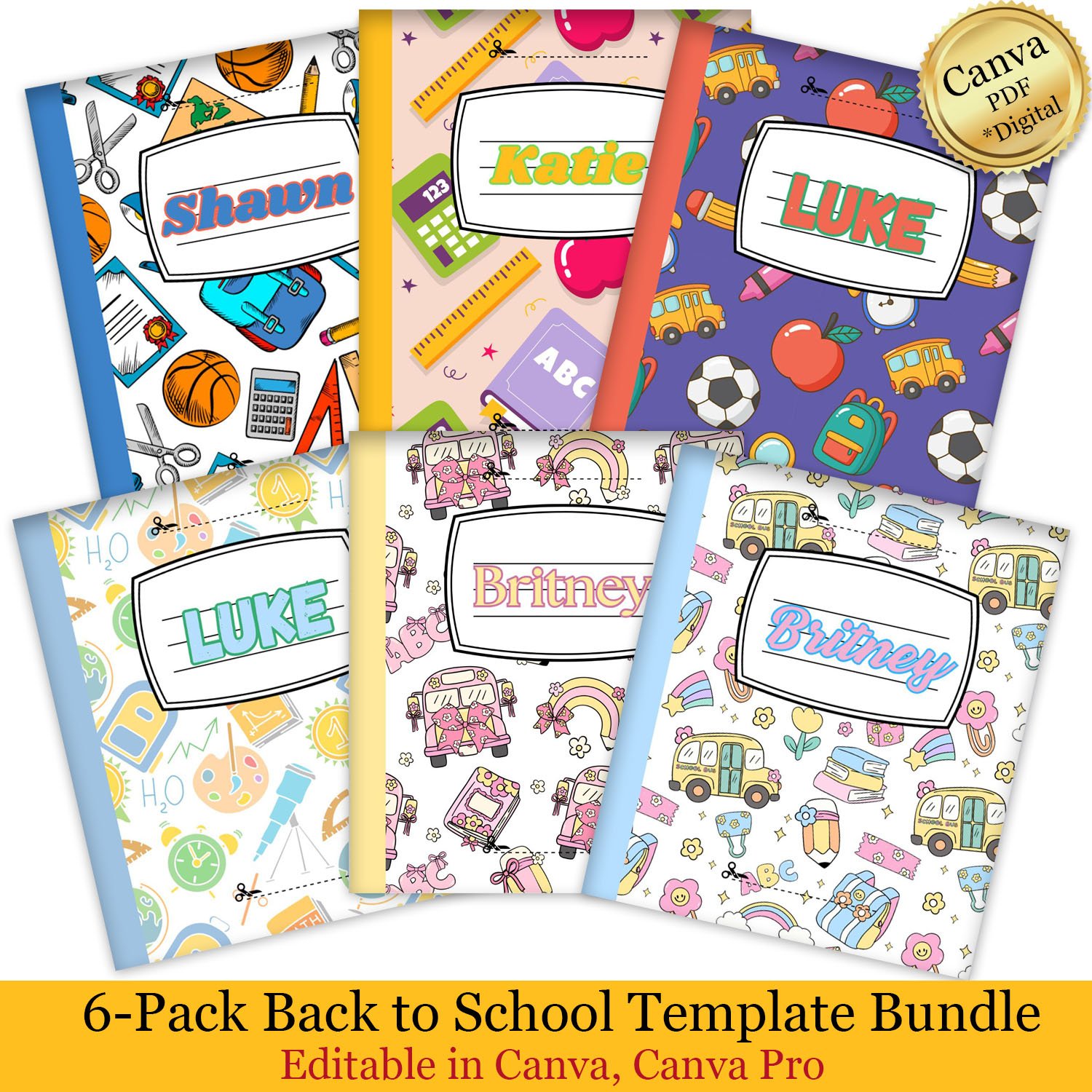 6 Pack Composition Notebook Cover Template Bundle, Digital, Editable in ...