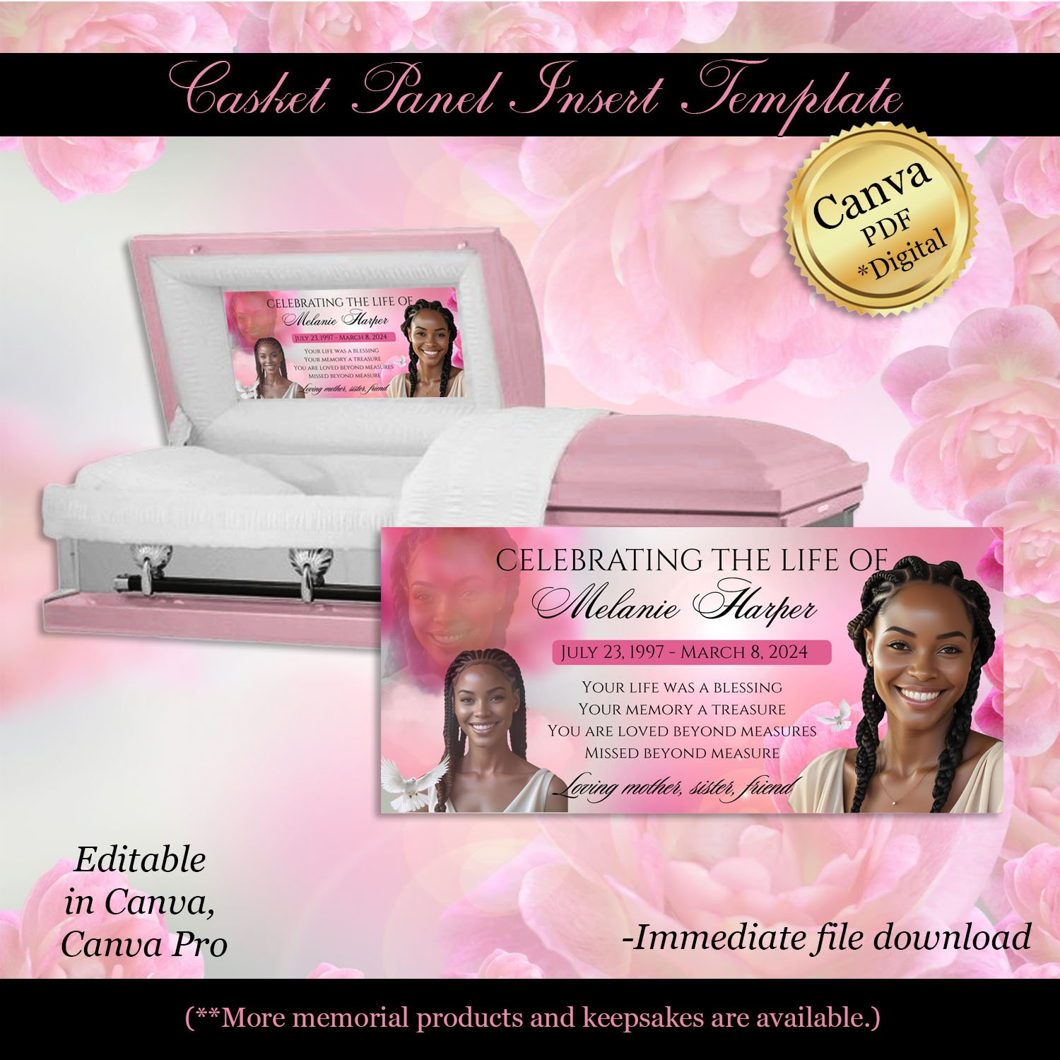 Heavenly Petals Casket Panel Insert Template, Editable Digital for ...