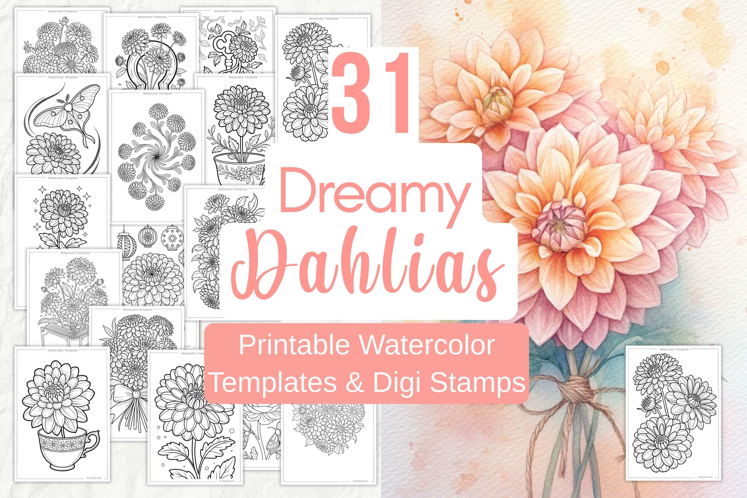 🌺 Dreamy Dahlia Watercolor Templates & Digi Stamps (31 Designs) - Payhip