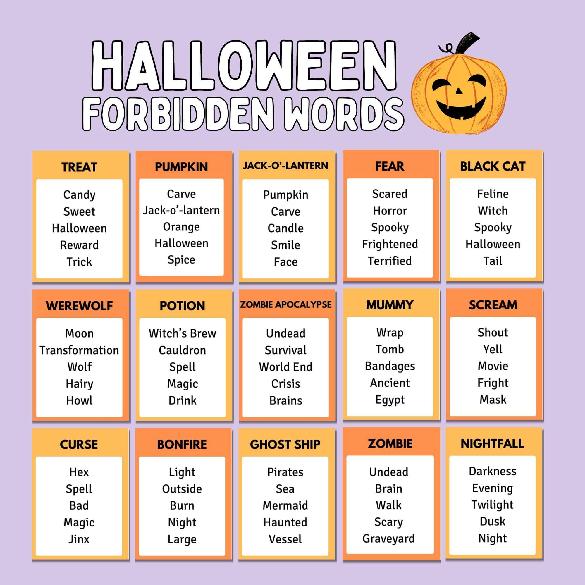 Halloween Forbidden Word Game – 112 Printable Taboo-Style Cards for ...