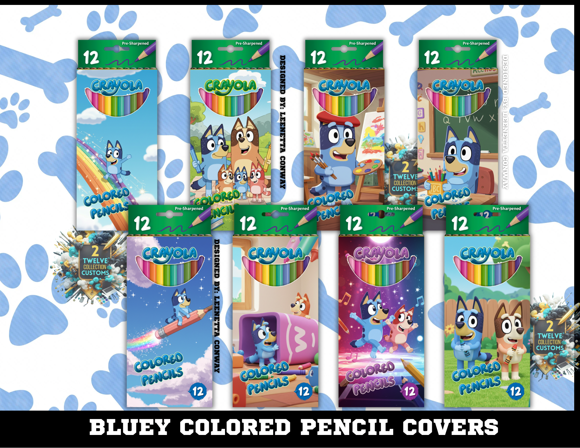 Bluey 12Ct Colored Pencils Covers Canva Template 8 Pack | Digital ...