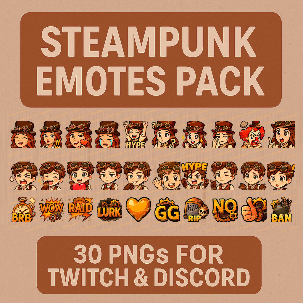 Steampunk Emotes Pack – 30 Vintage PNG Emotes for Twitch/Discord