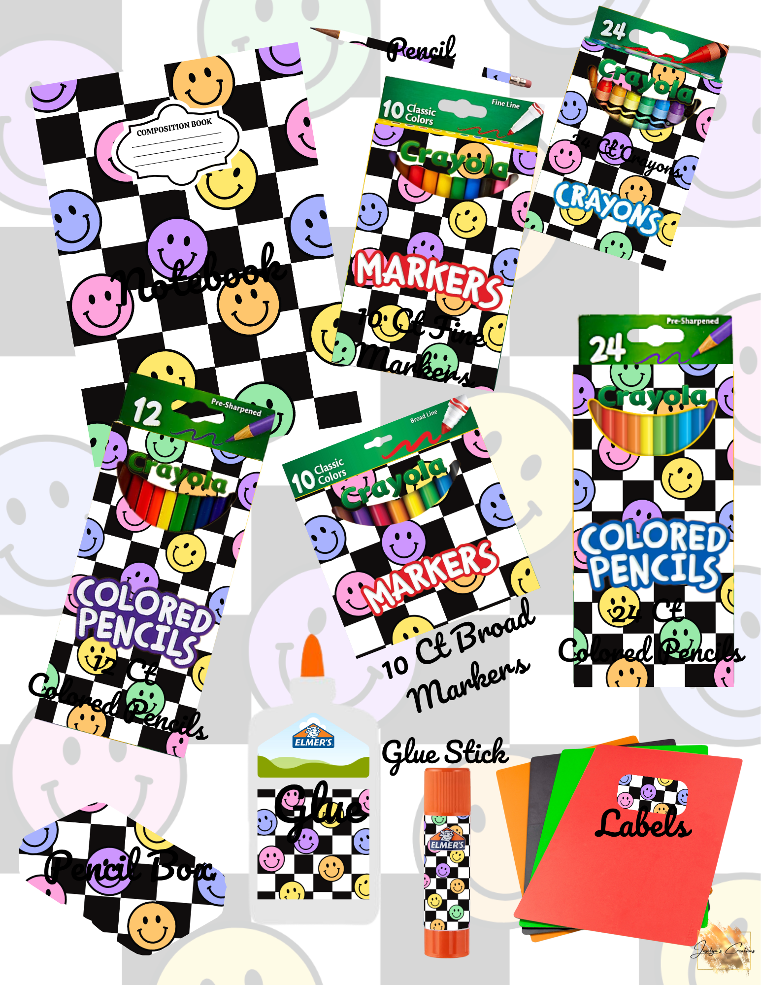 Checker Smileys School Supplies Template - Payhip