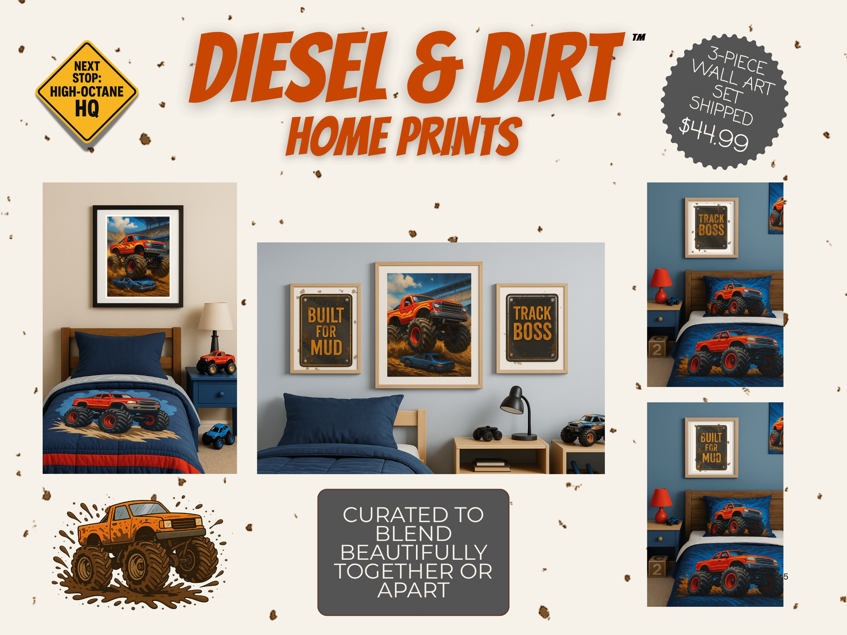 Diesel & Dirt Monster Truck Wall Art Set – 3 Piece Boys Room Decor – LB ...