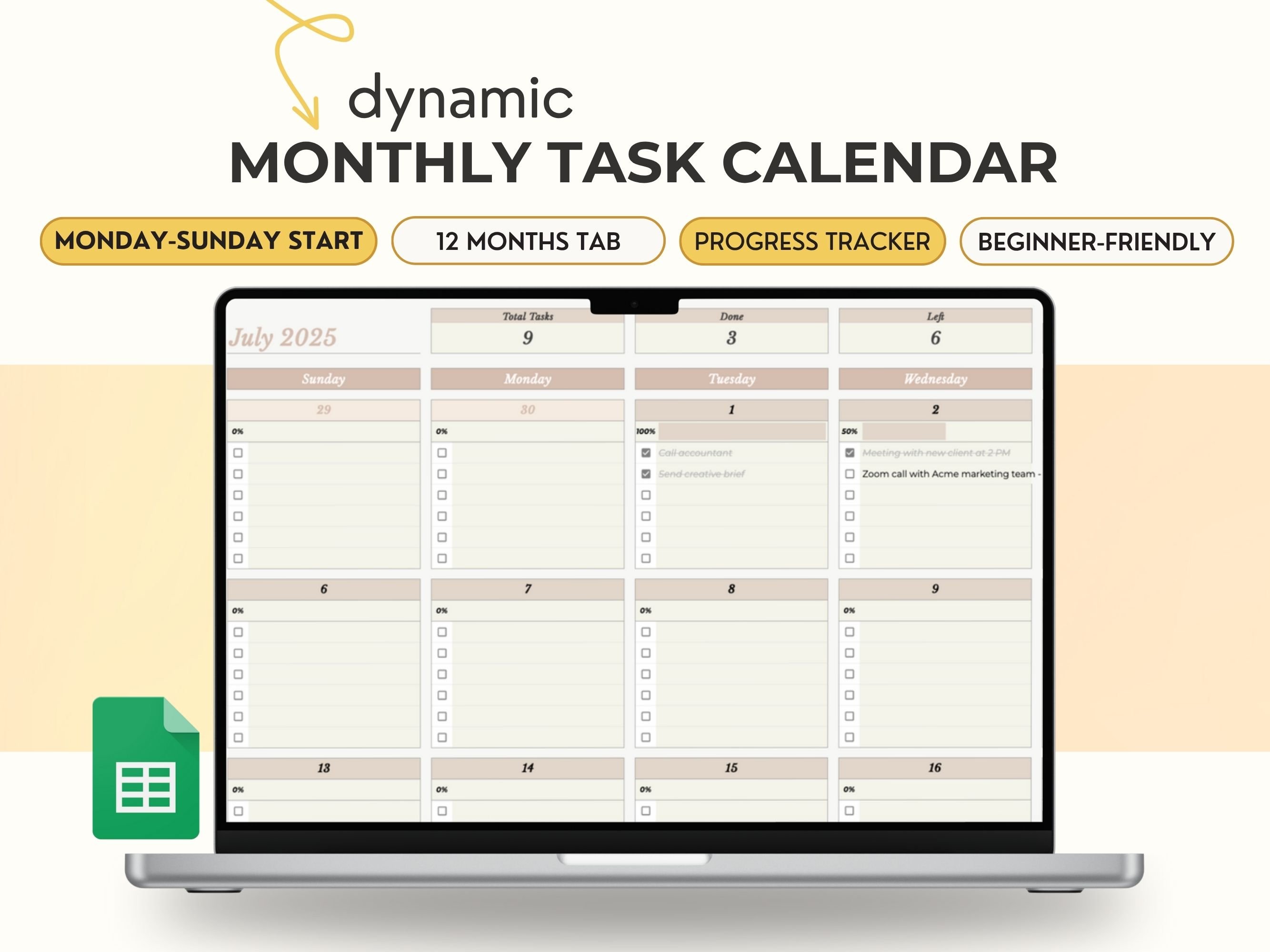 Dynamic Task Calendar Google Sheets Task Tracker Calendar Monday Sunday ...