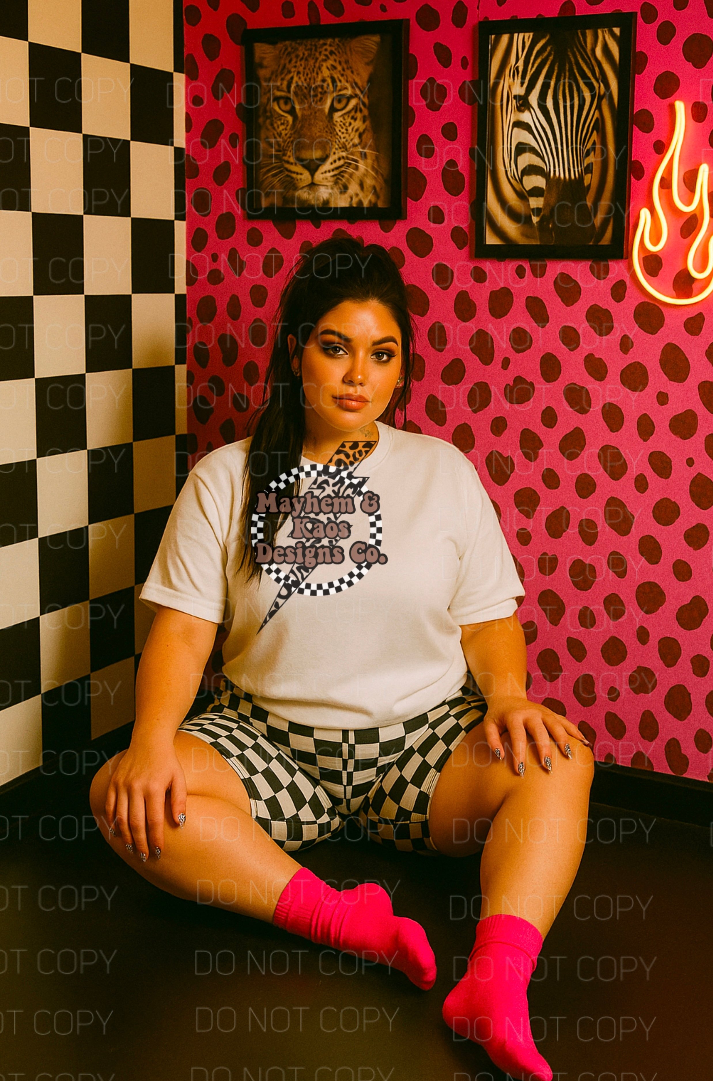 Cheetah checkered baddie sitting down white tee mock - Payhip