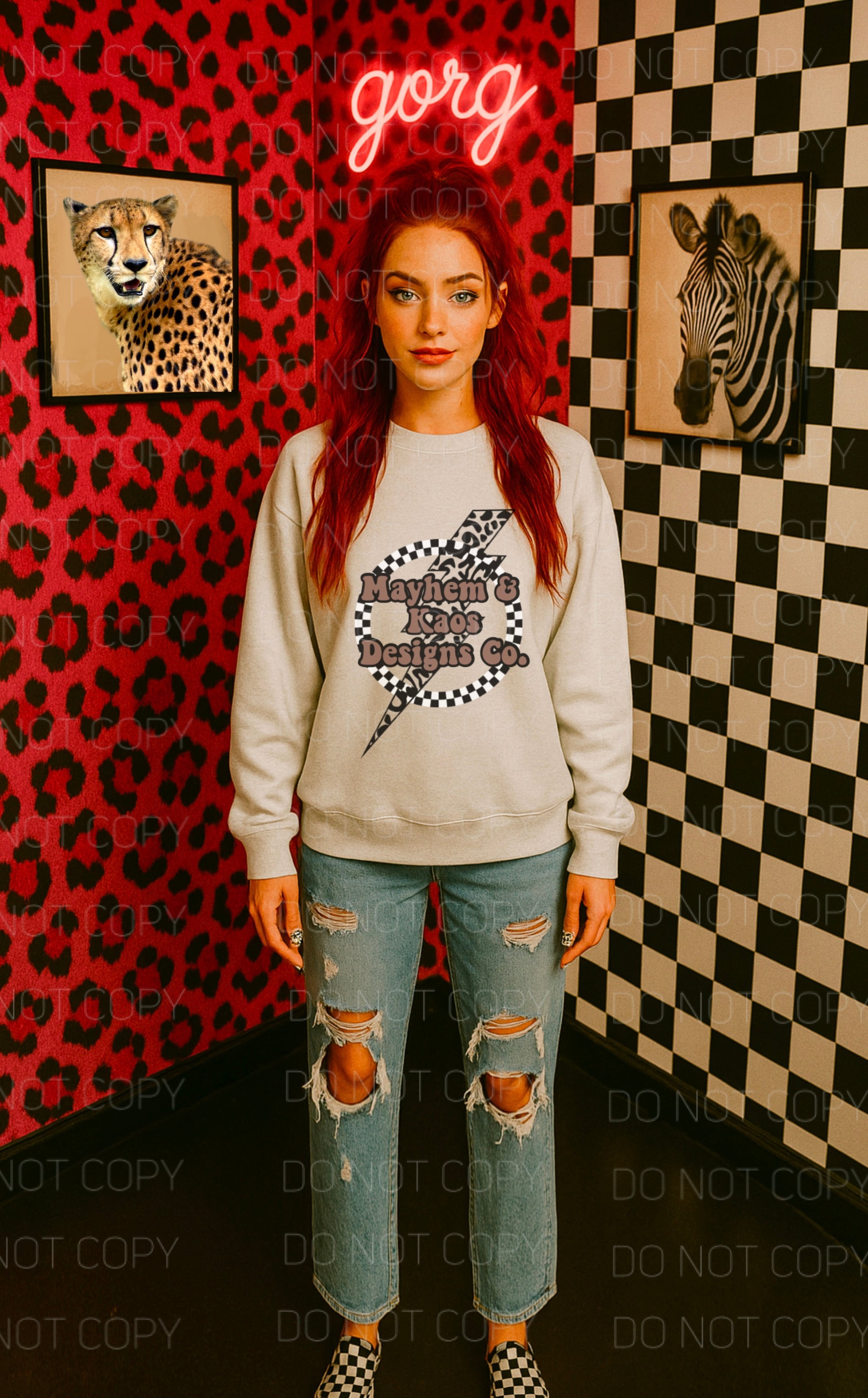 Cheetah checkered red hair baddie grey crew mock - Payhip