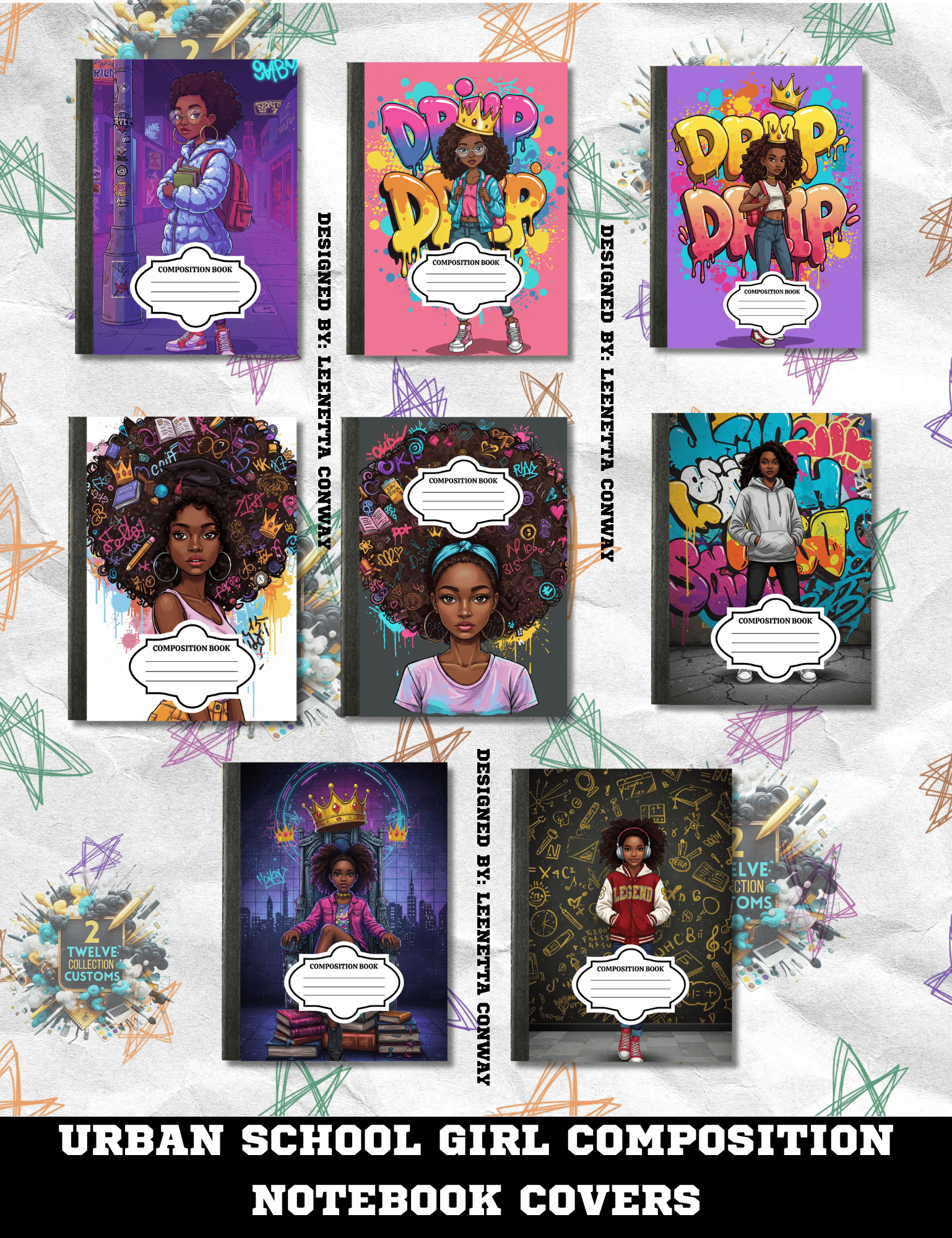 Urban School Girls Composition Notebook Canva Template 8 Pack | Digital ...