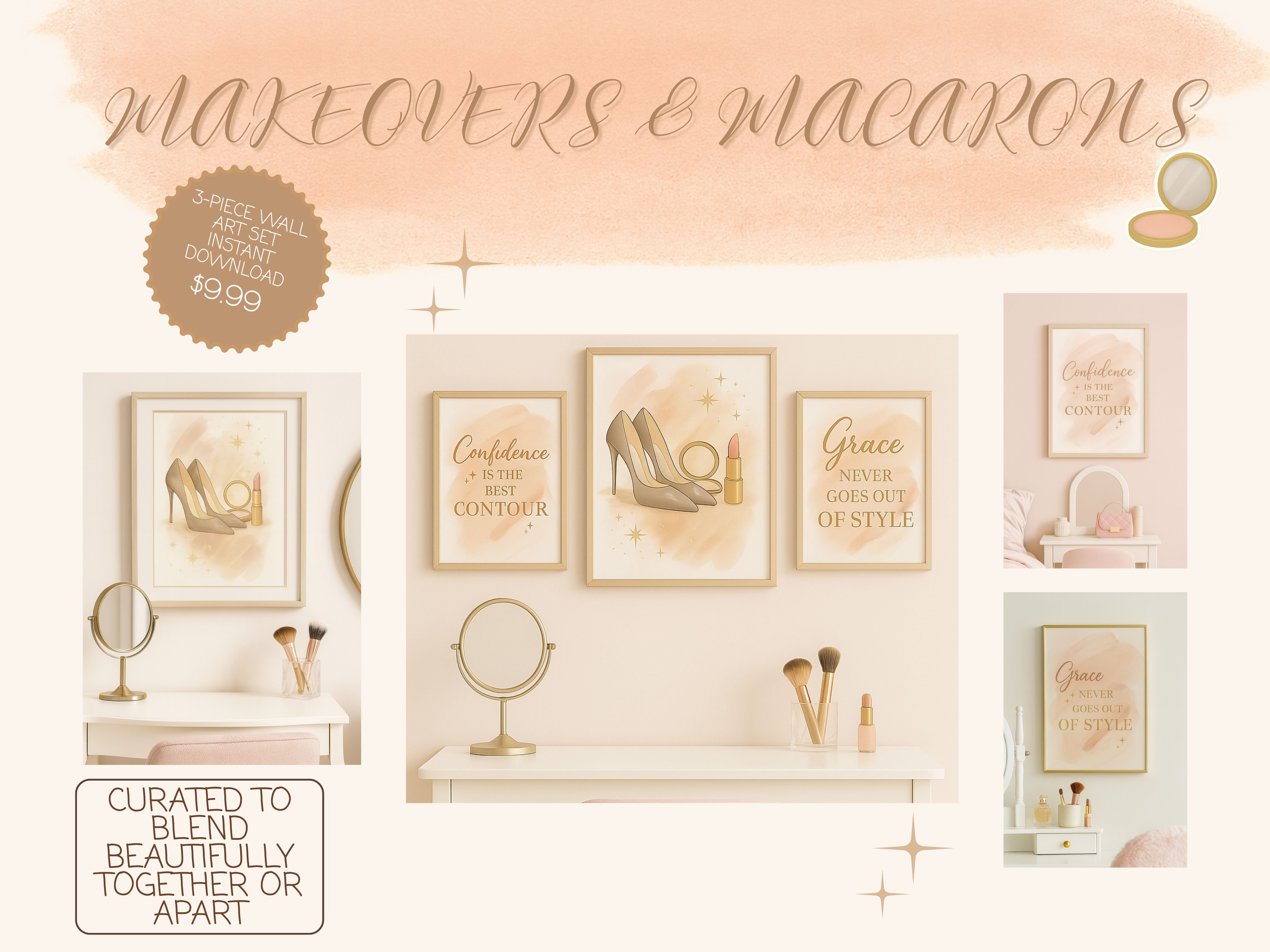 Makeovers & Macarons Wall Art Set – Glam Vanity Printable Decor for ...