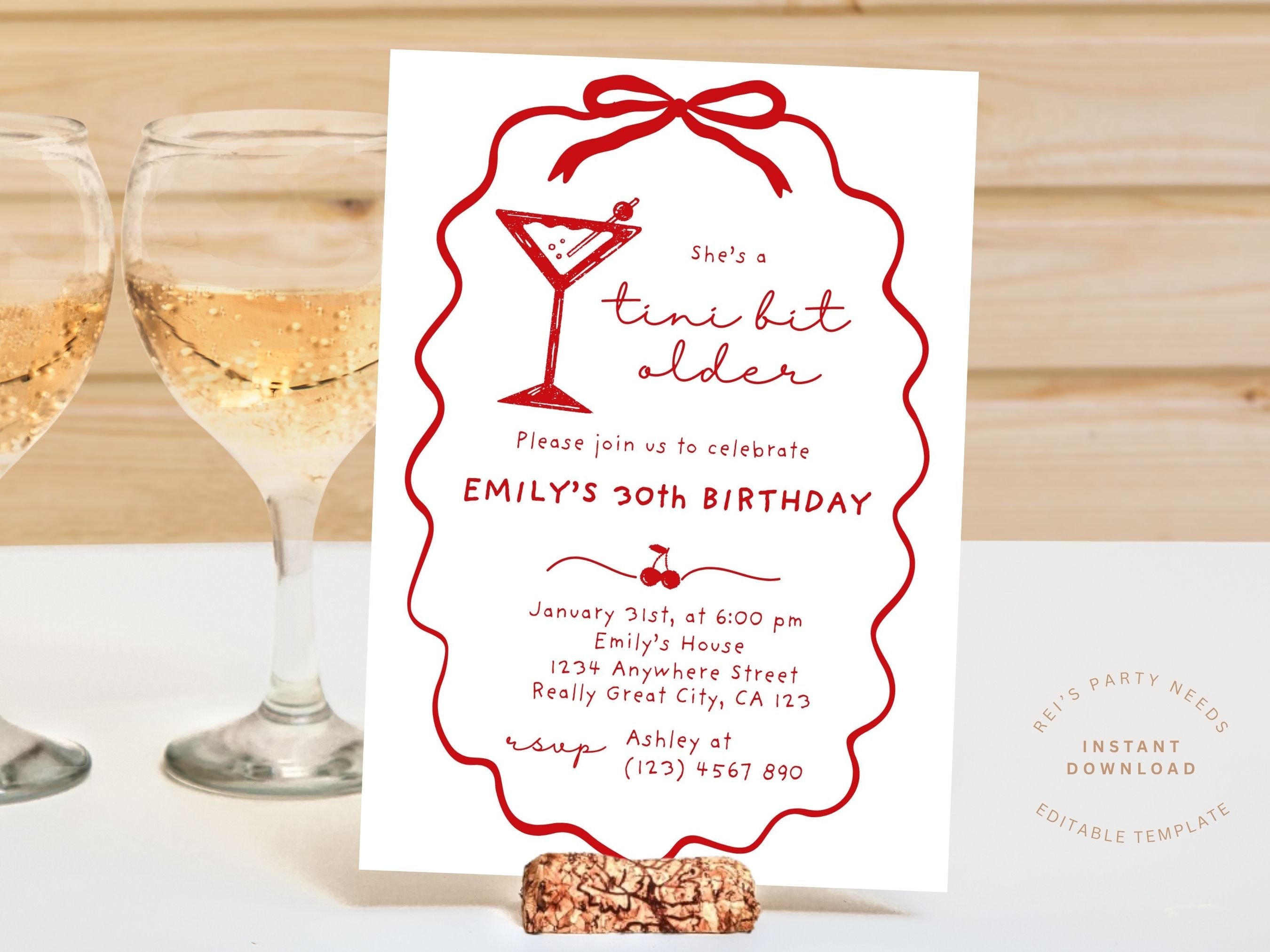 A Tini Bit Older Birthday Party Invitation Cherry Hand Drawn Red Bow Martini Themed Birthday ...