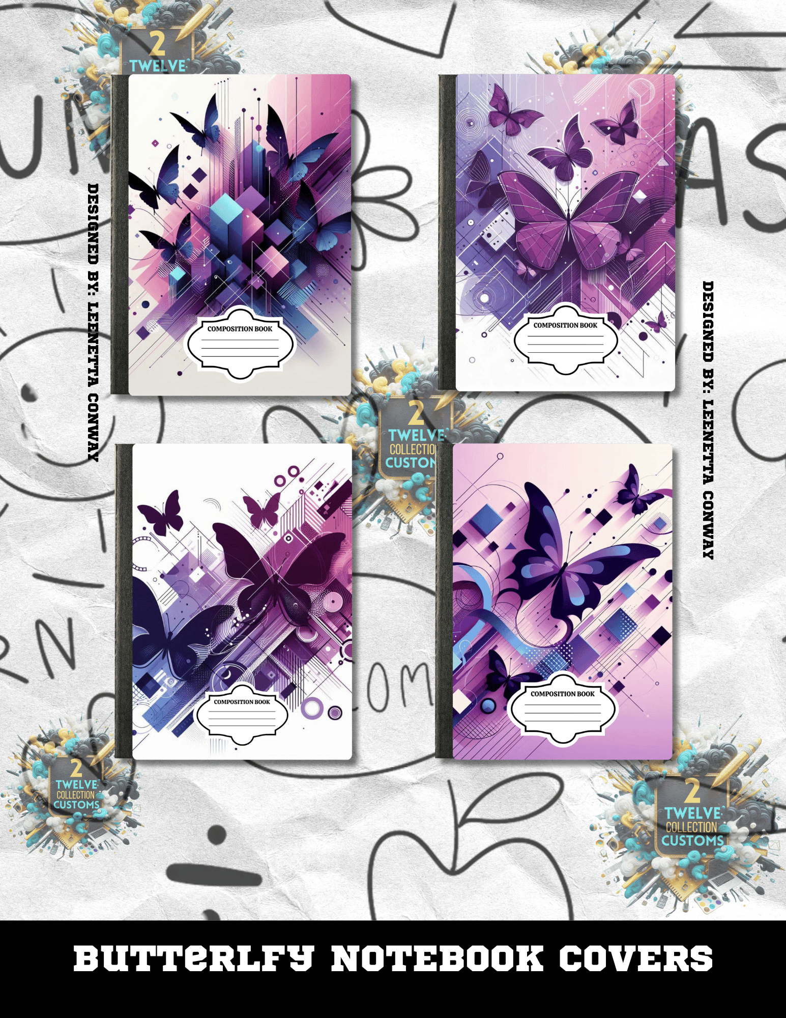Butterfly Composition Notebook Covers Canva Template 4 Pack #2 - Payhip