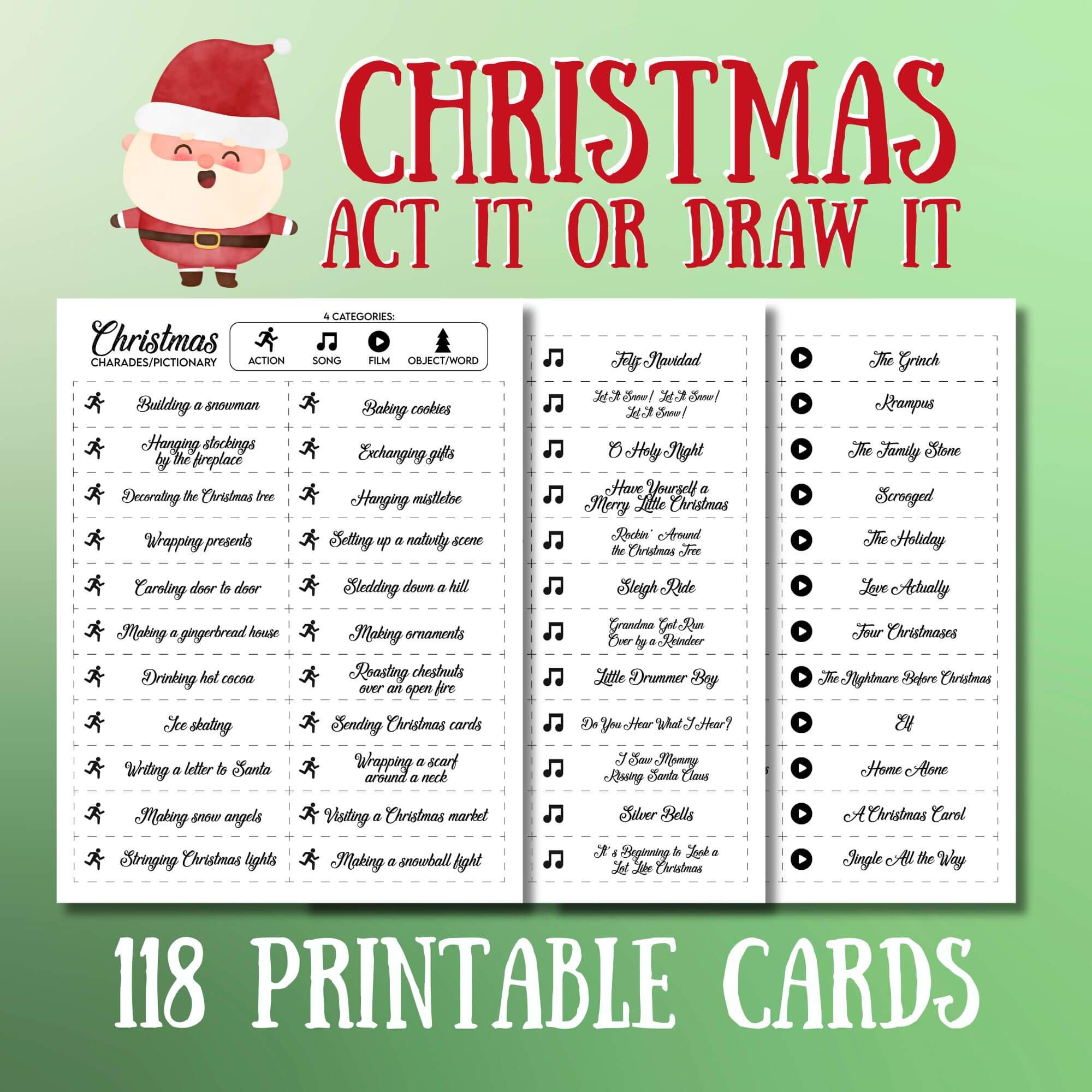 Christmas Charades & Pictionary Game – 118 Printable Holiday Cards for ...