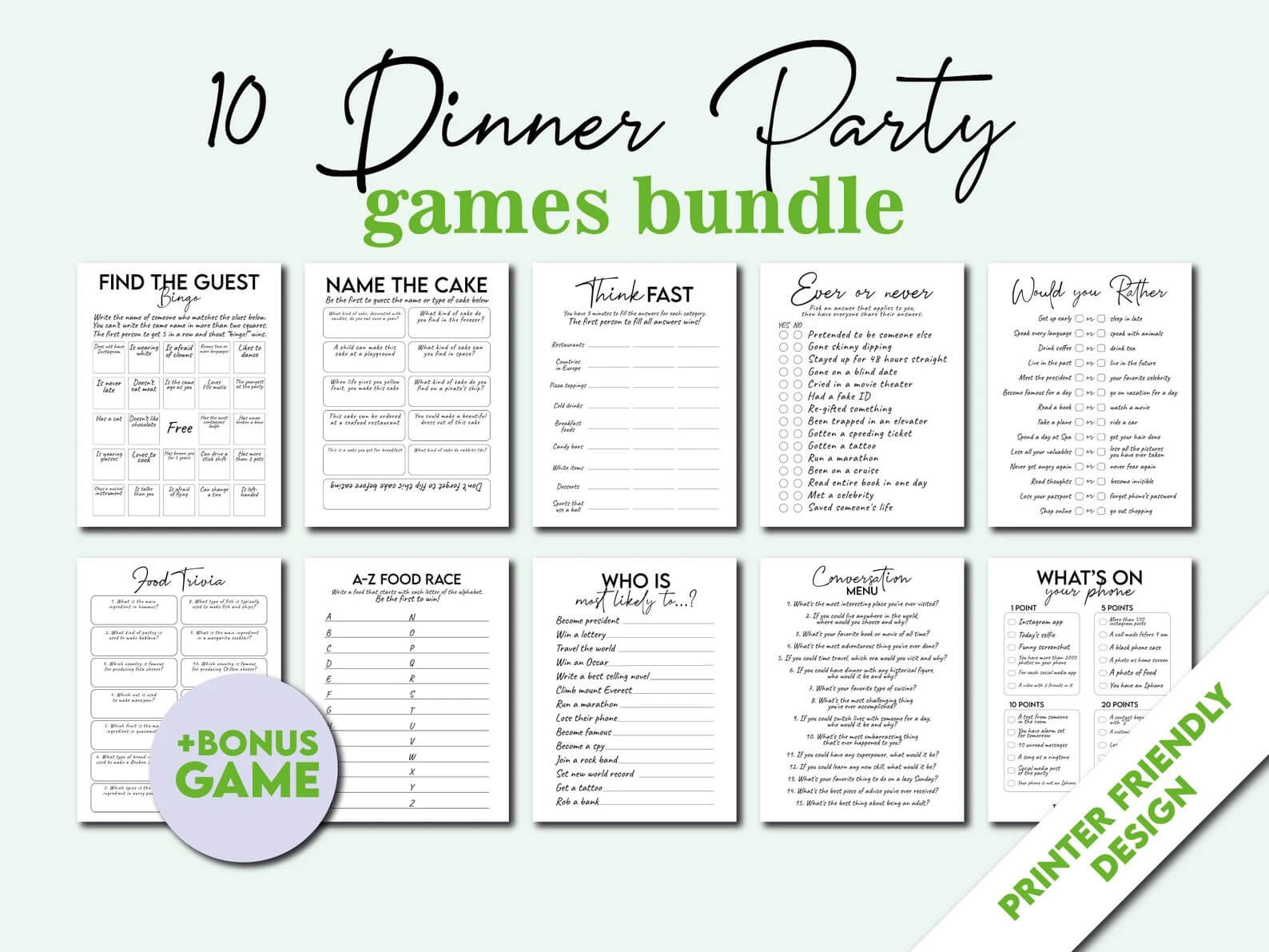 Dinner Party Games Bundle – 10 Fun Printable Games for Adults Bonus ...