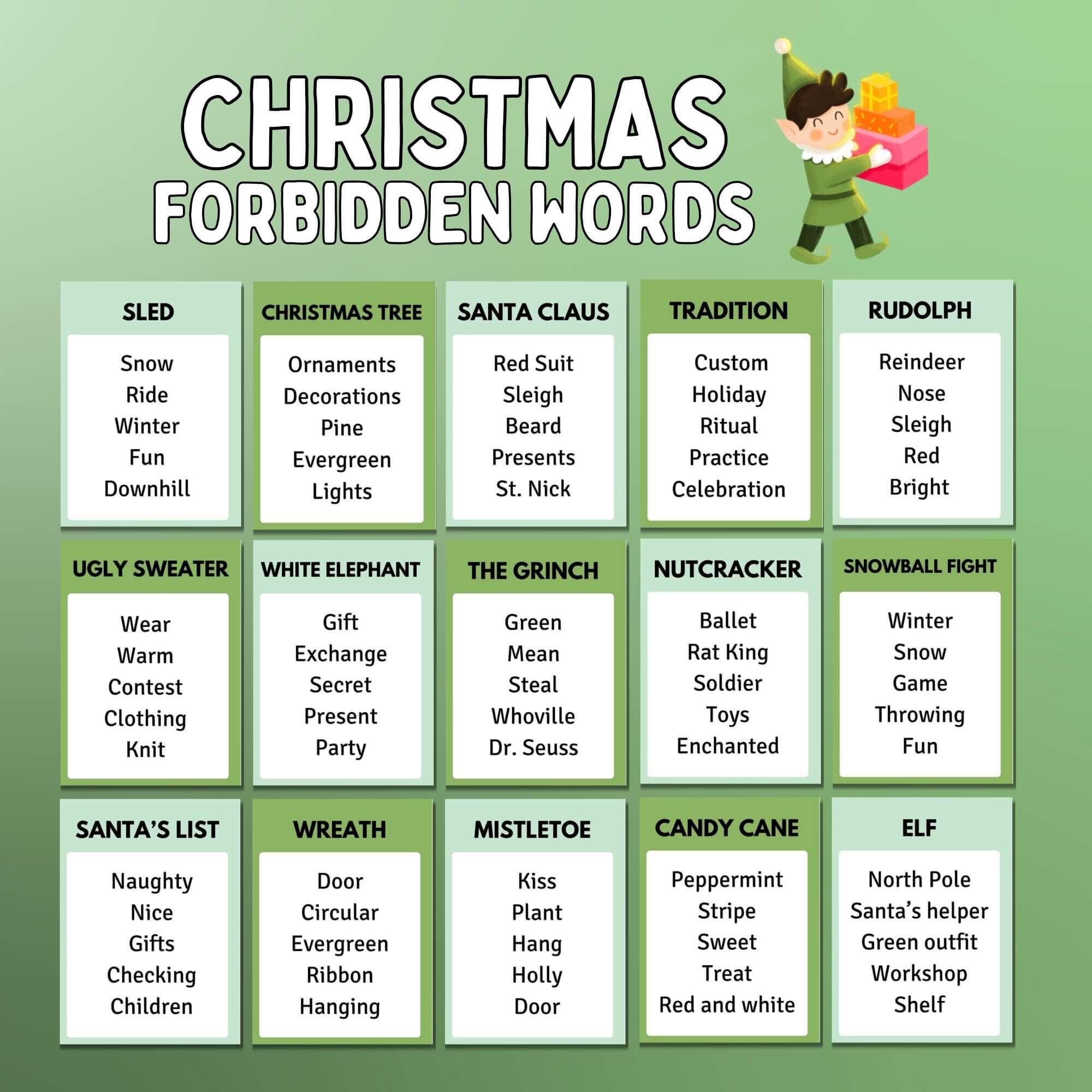 Christmas Forbidden Word Game – 80 Printable Taboo-Style Holiday Party ...