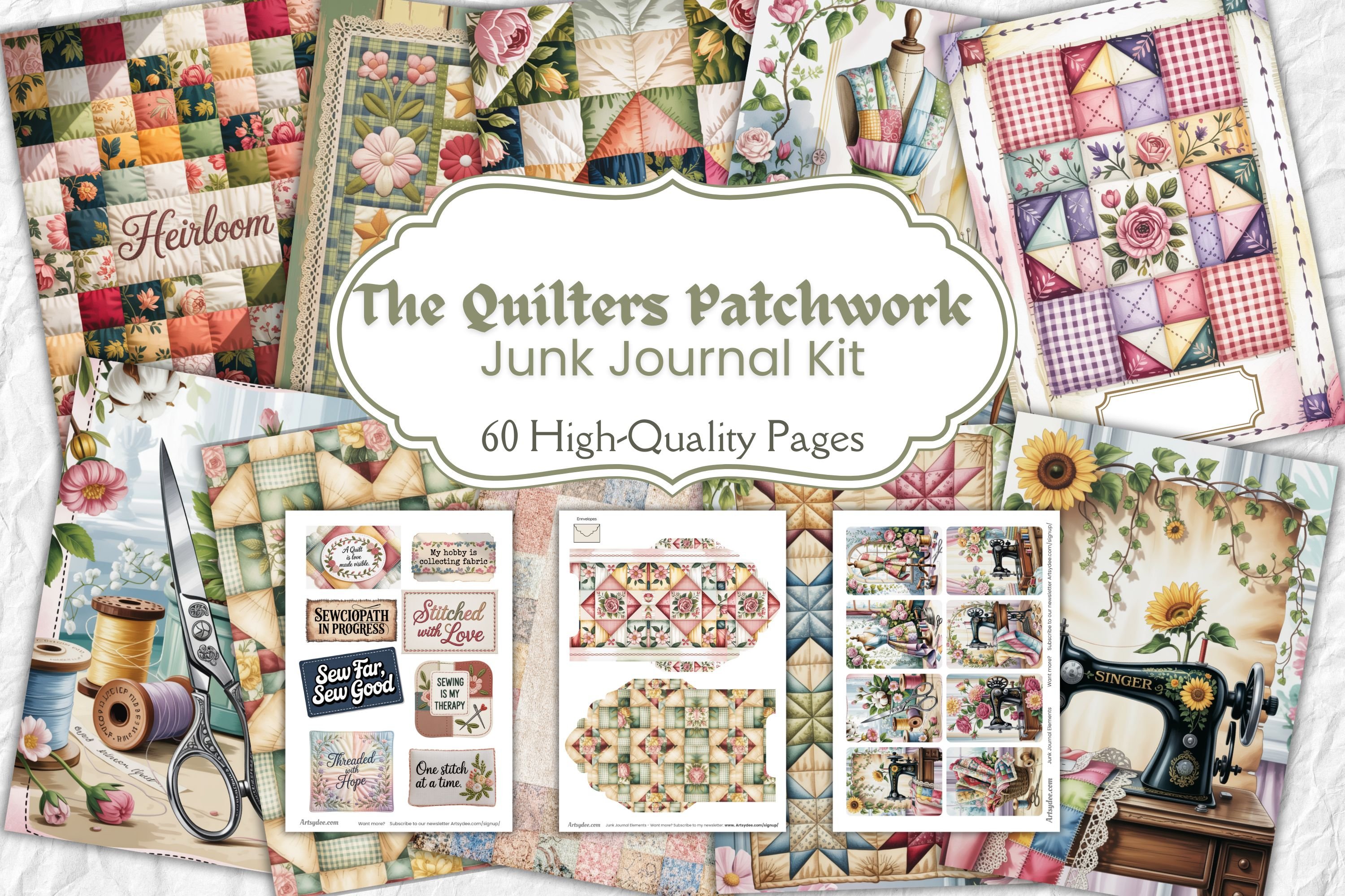 Quilters Patchwork Junk Journal Kit – Printable Sewing-Themed Ephemera, Pages, Tags & More! - Payhip