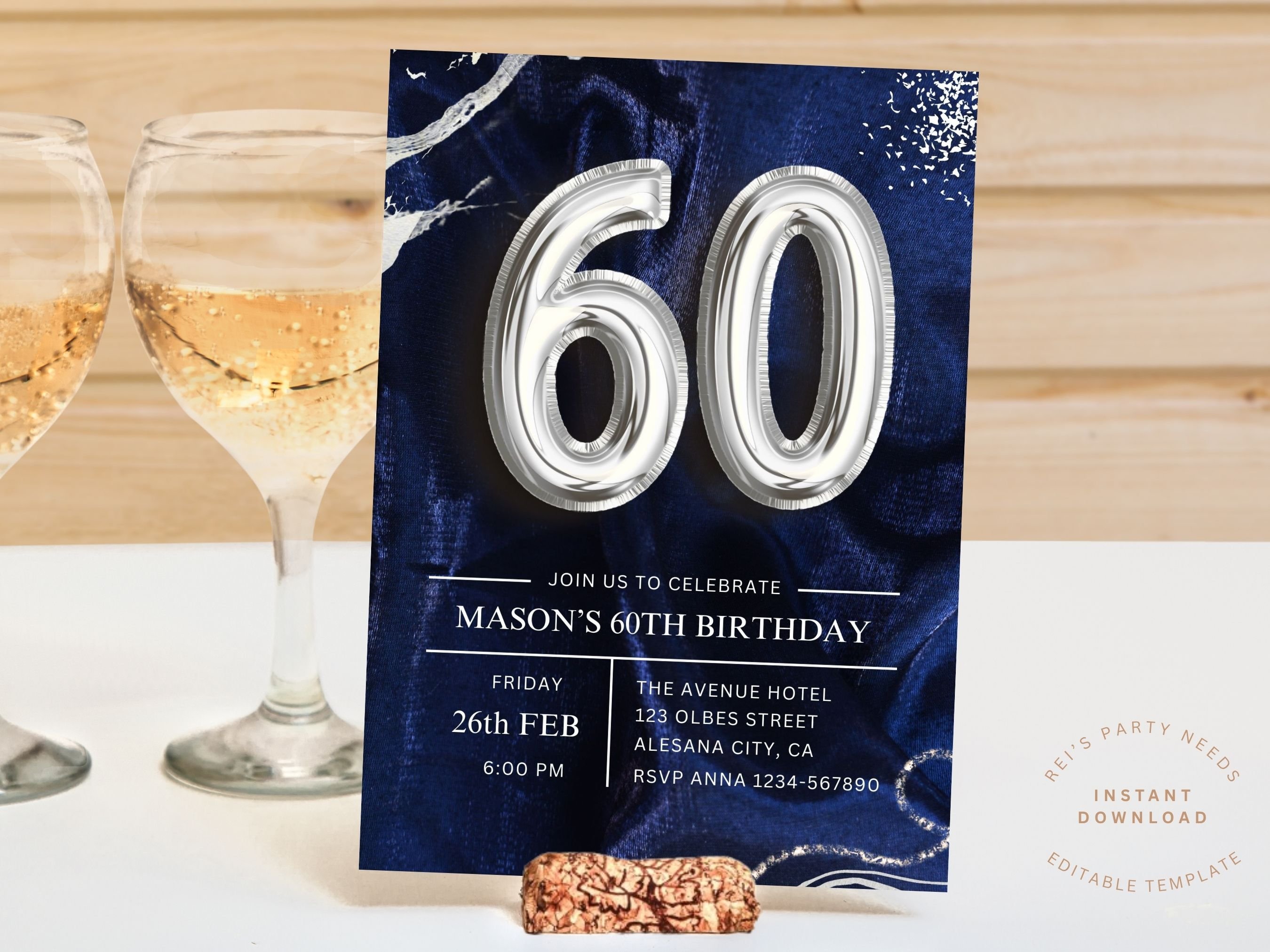 Navy Blue Silver & White 60th Birthday Invitation - Adult SIXTY Birthday Invite - Balloons 60 ...
