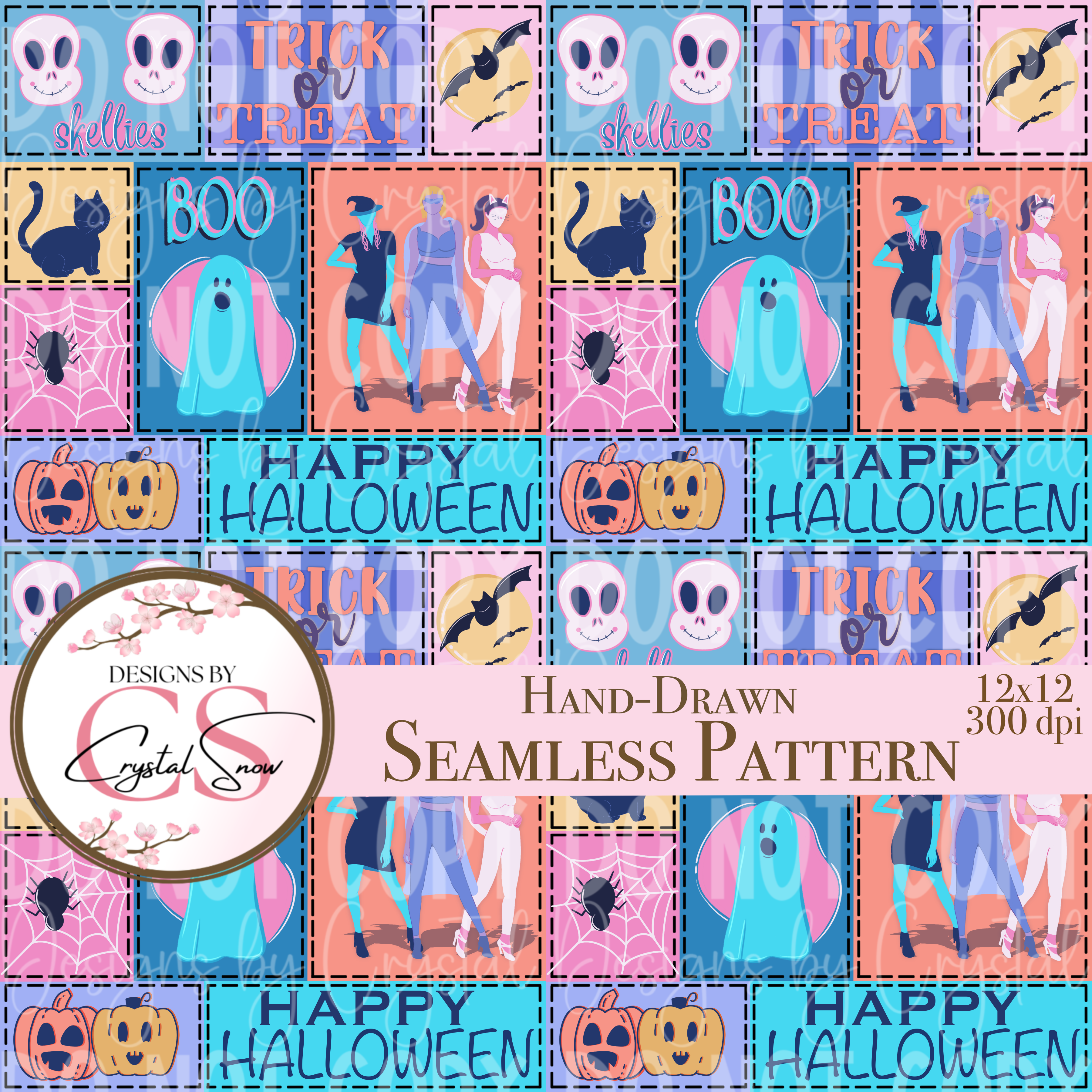 Pastel Halloween Patches Seamless Pattern | Spooky Cute Digital Paper ...