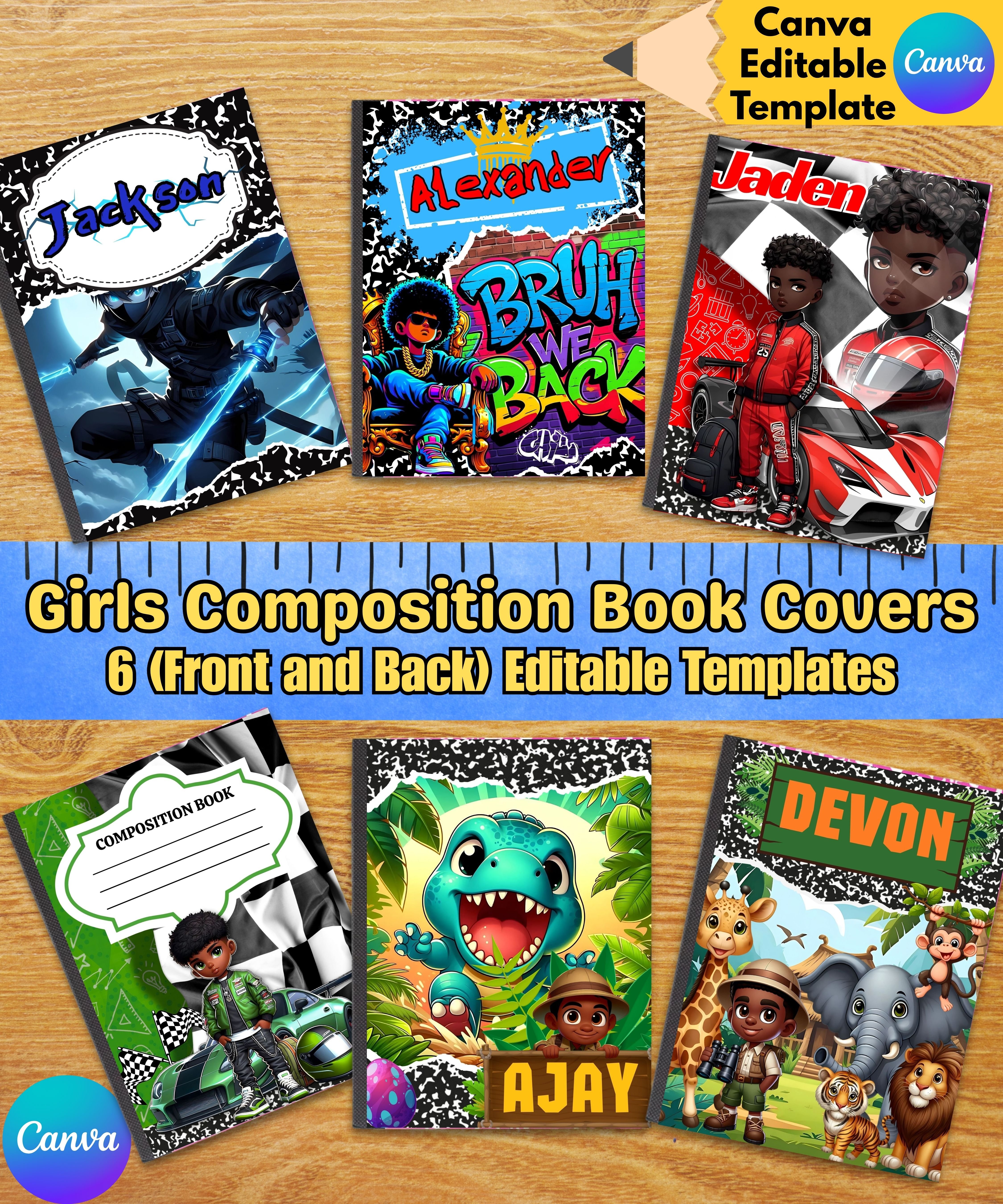 Editable Boys Composition Book Covers – Canva Template Bundle - Payhip