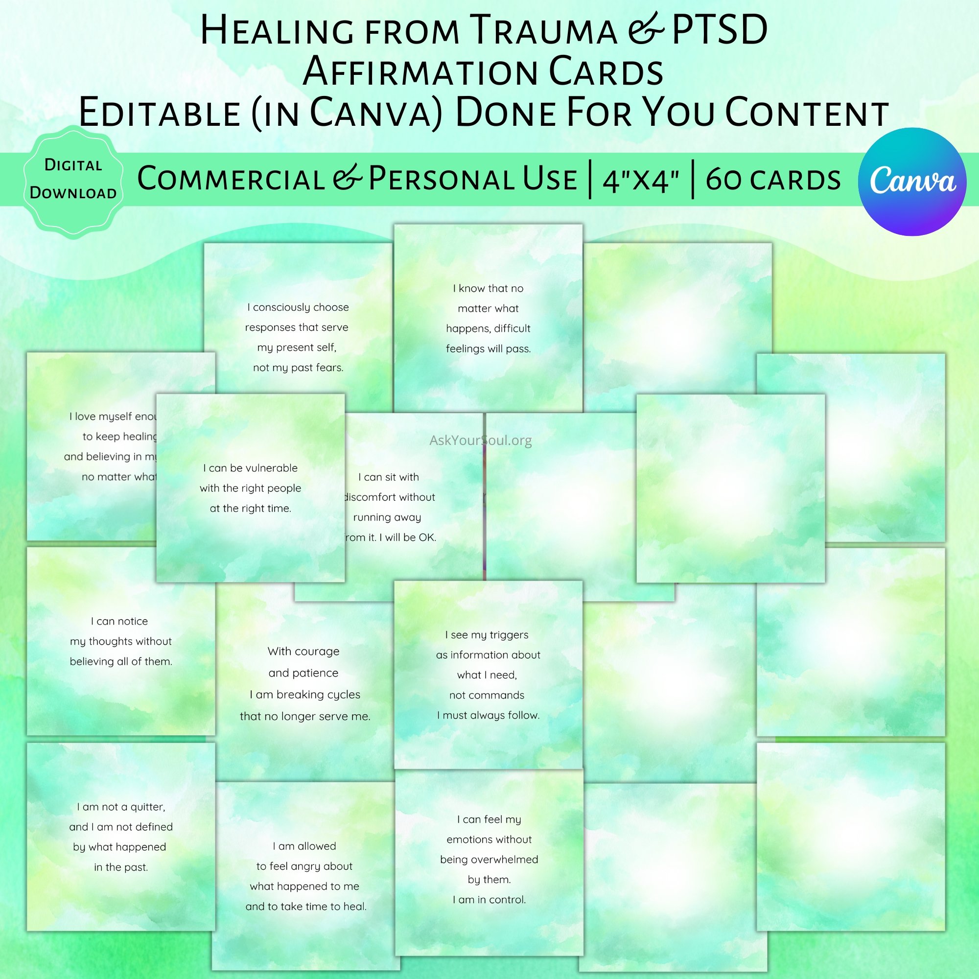 PLR Editable Healing from Trauma & PTSD Square Affirmation Cards Canva ...