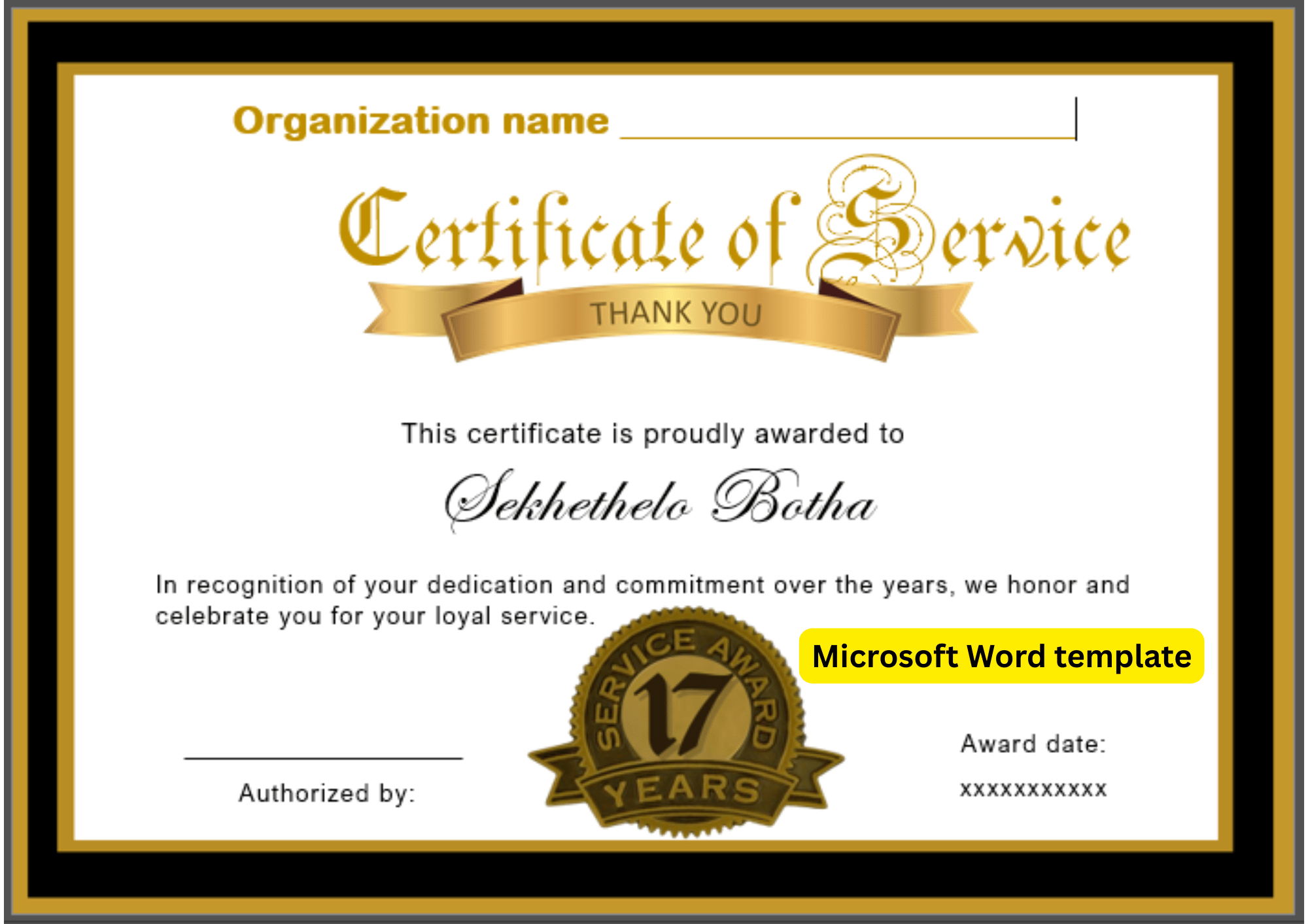 17 years service. Word Template with customized logo - Landscape ...