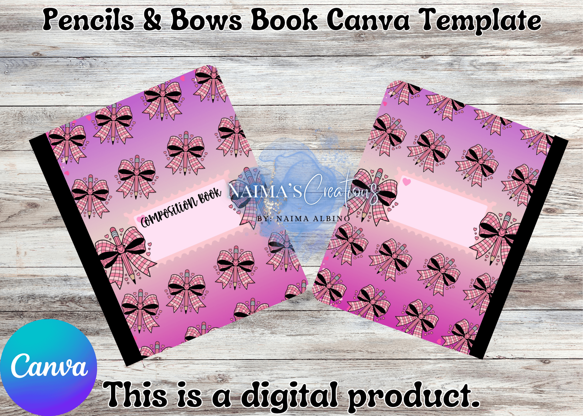 Pencils & Bows Composition Book Editable Canva Template - Payhip