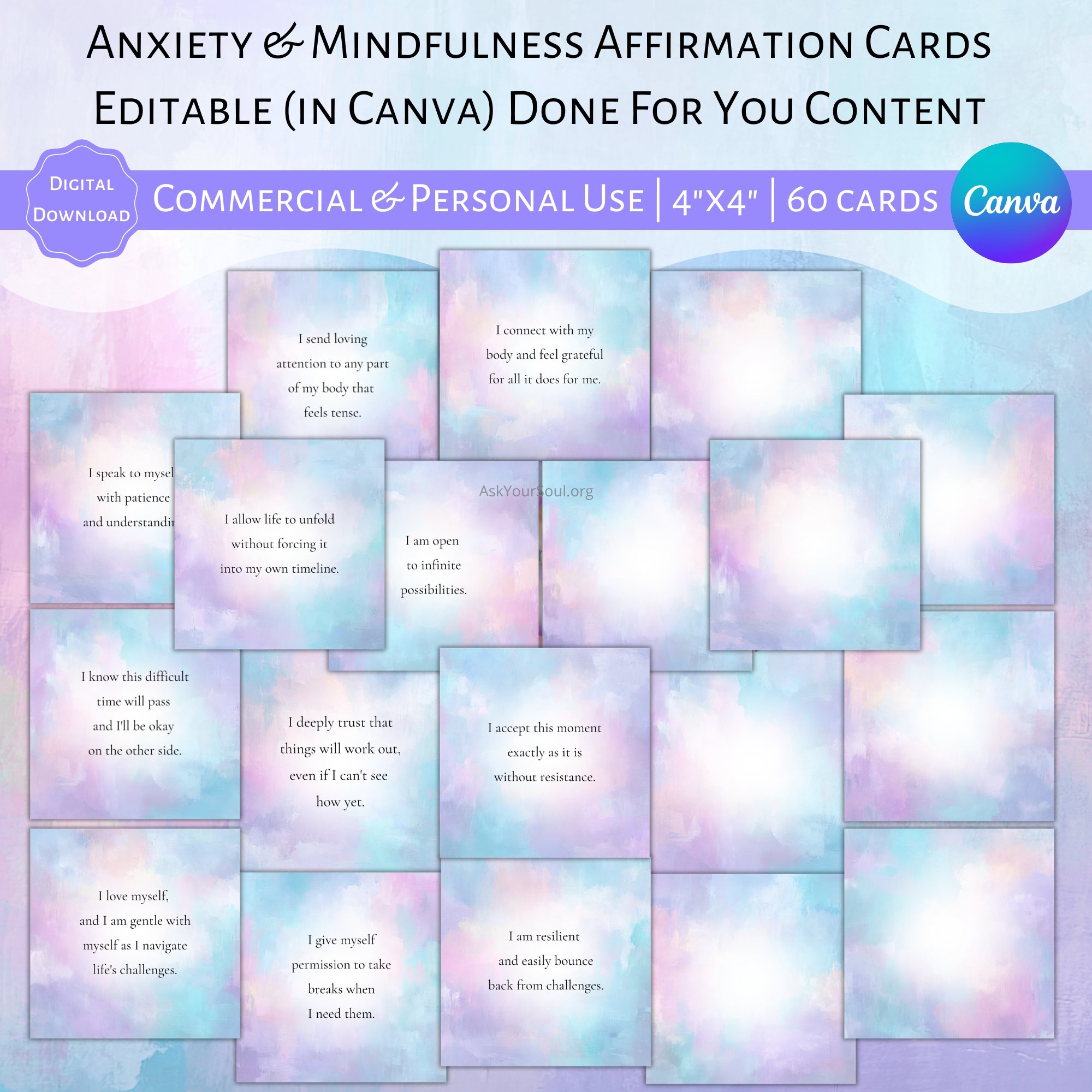 PLR Editable Anxiety & Mindfulness Square Pastel Affirmation Cards ...