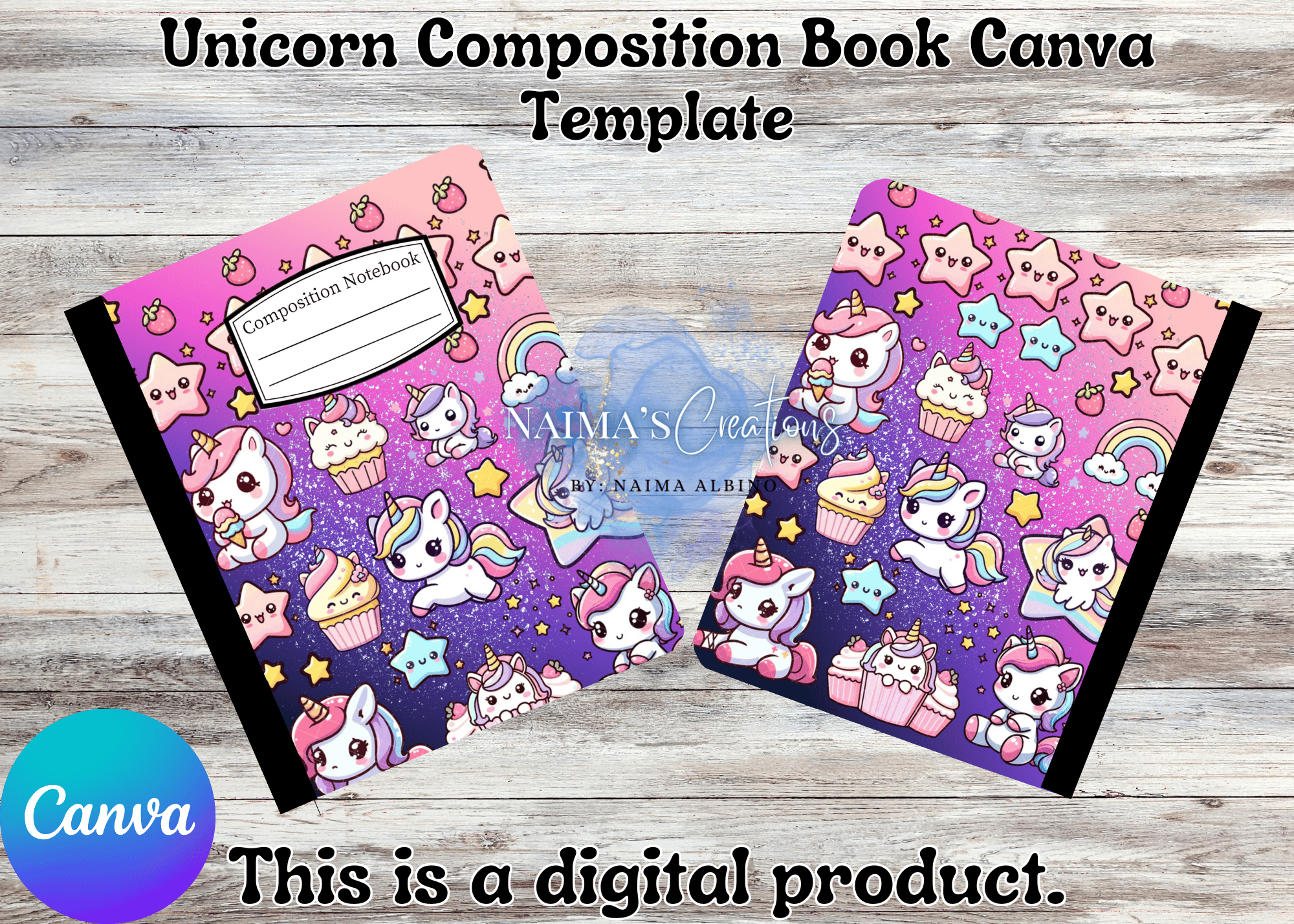 Unicorns Composition Book Editable Canva Template - Payhip