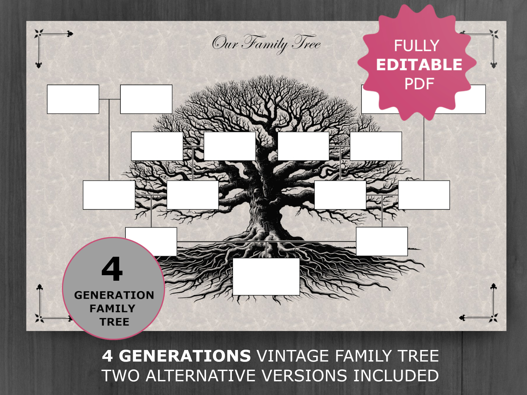 Vintage Family Tree Template for 4 Generations. Printable and Editable ...