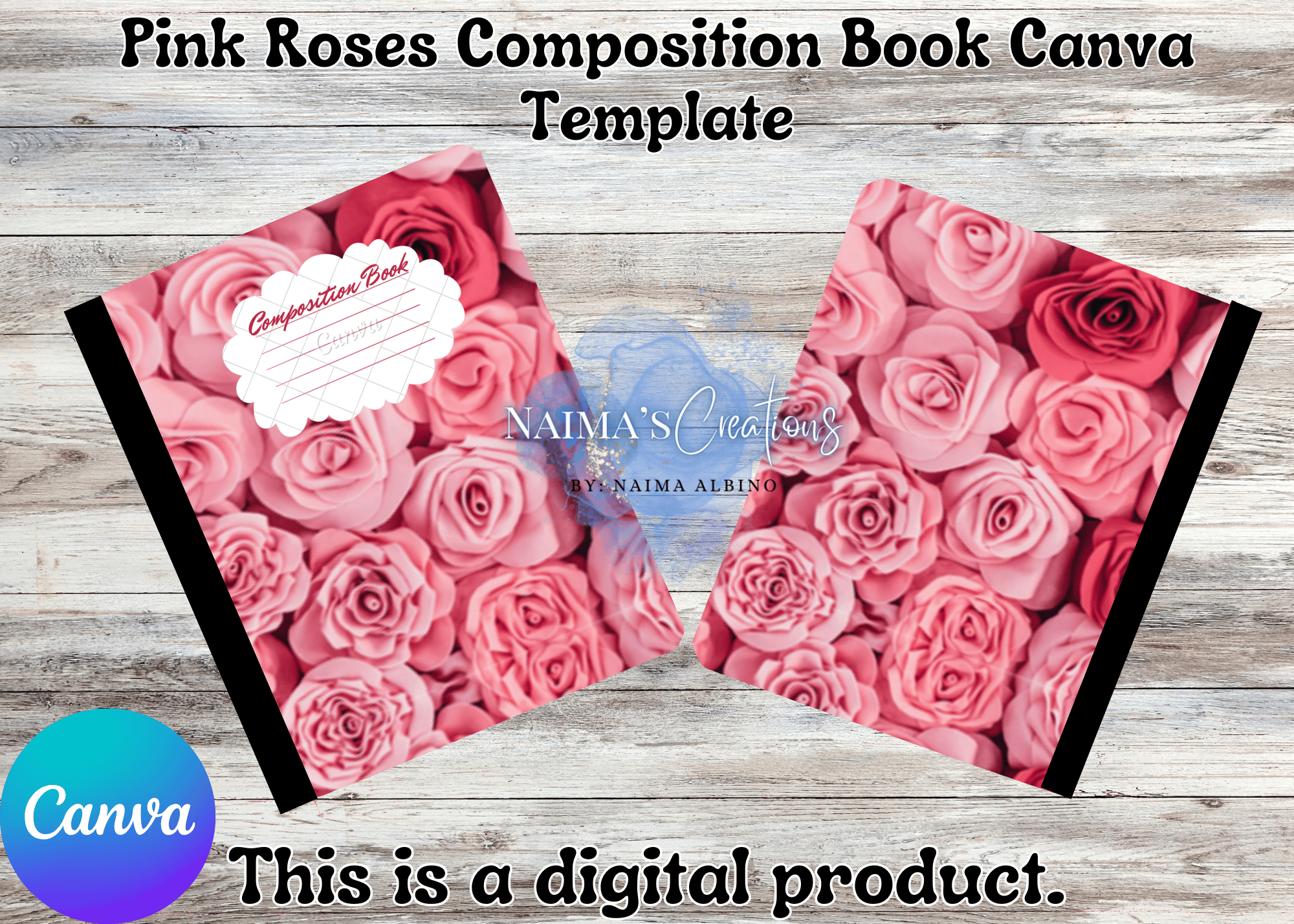 Pink Roses Composition Book Editable Canva Template - Payhip