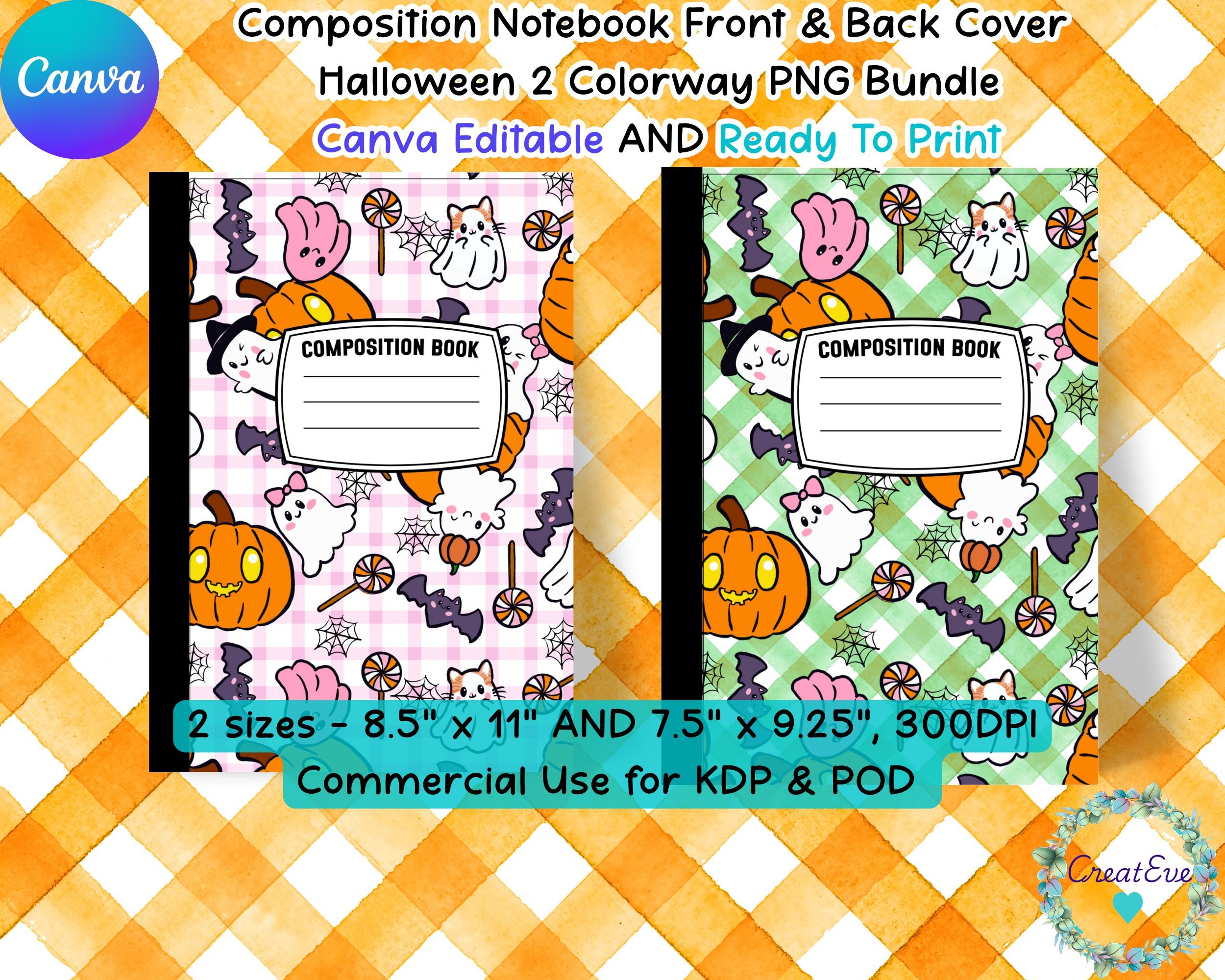 Halloween Composition Notebook 2 Colorway PNG Bundle Canva Editable AND ...