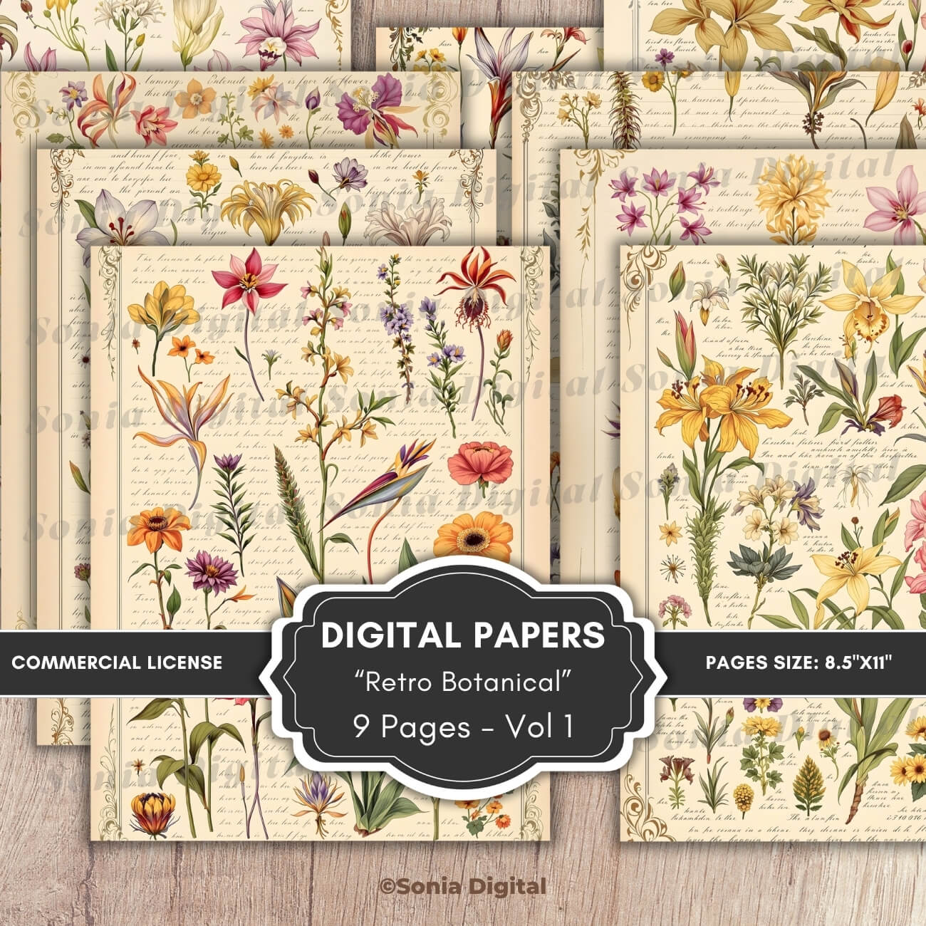 “Retro Botanical” Digital Papers (Vol 1), Scrapbooking & Art Journaling ...
