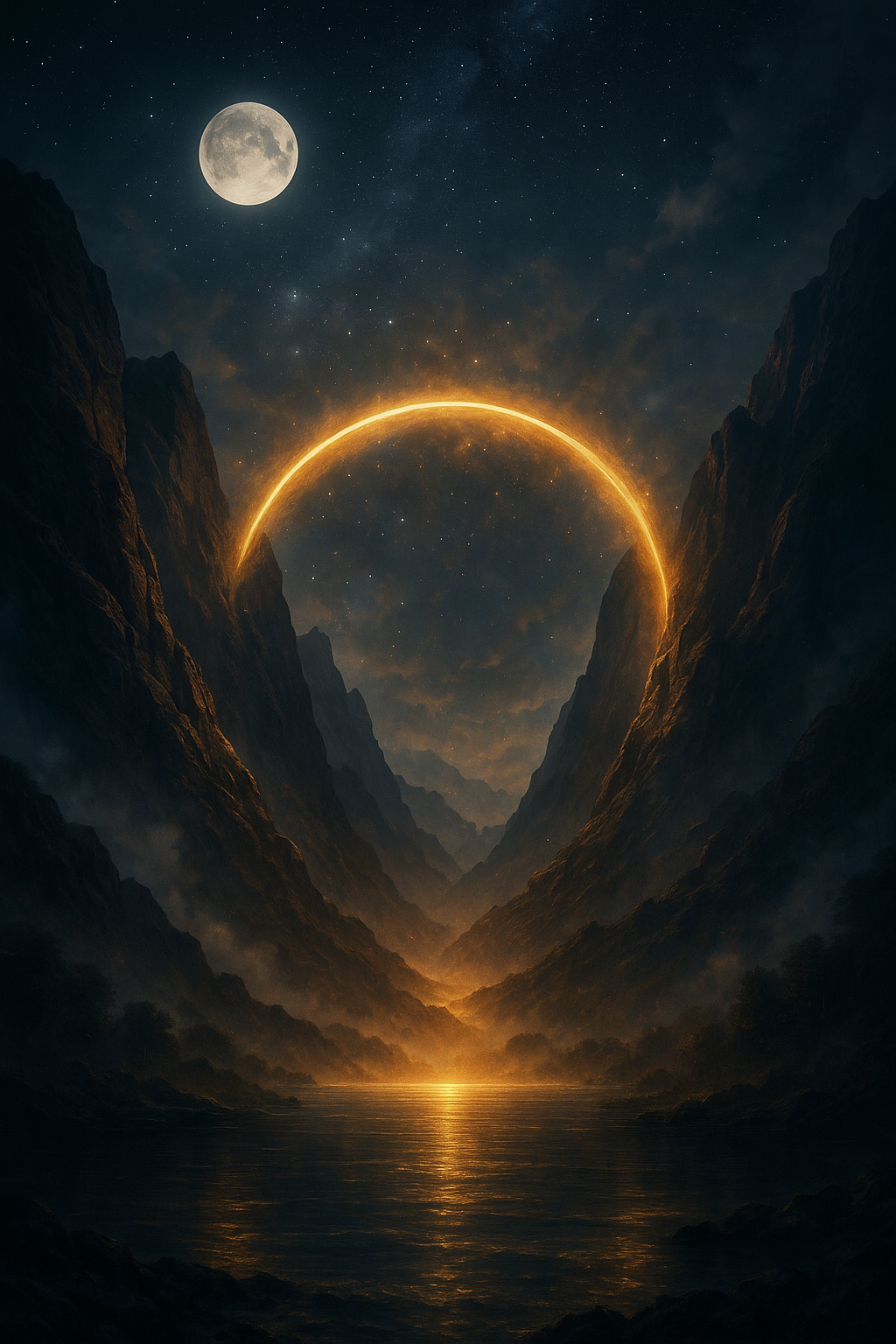 Mystic Twilight – Golden Crescent Portal between Jagged Mountains with ...