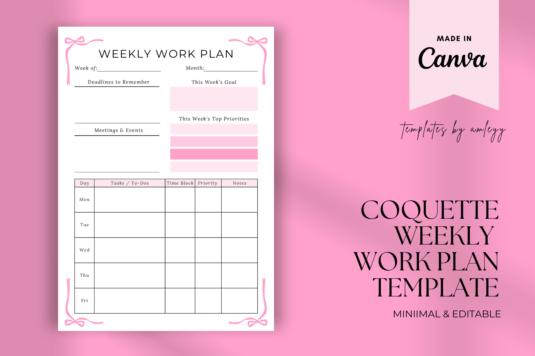 Coquette Weekly Work Plan Template – Pink Aesthetic Planner - Payhip