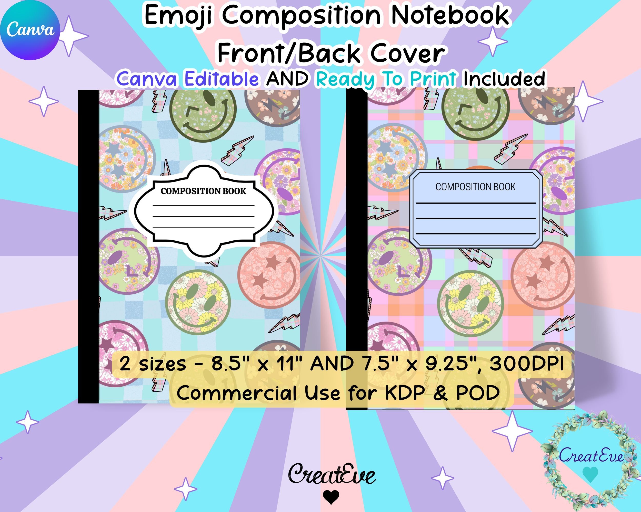 Retro Emoji Composition Notebook Canva Editable & Ready To Print 2 ...