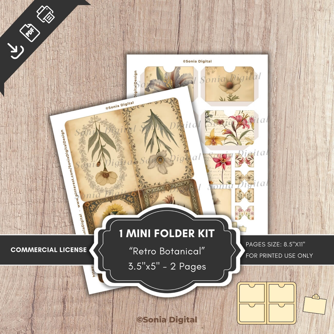 “Retro Botanical” 1 Mini Folder Kit 3.5”x5”, Scrapbooking & Art ...