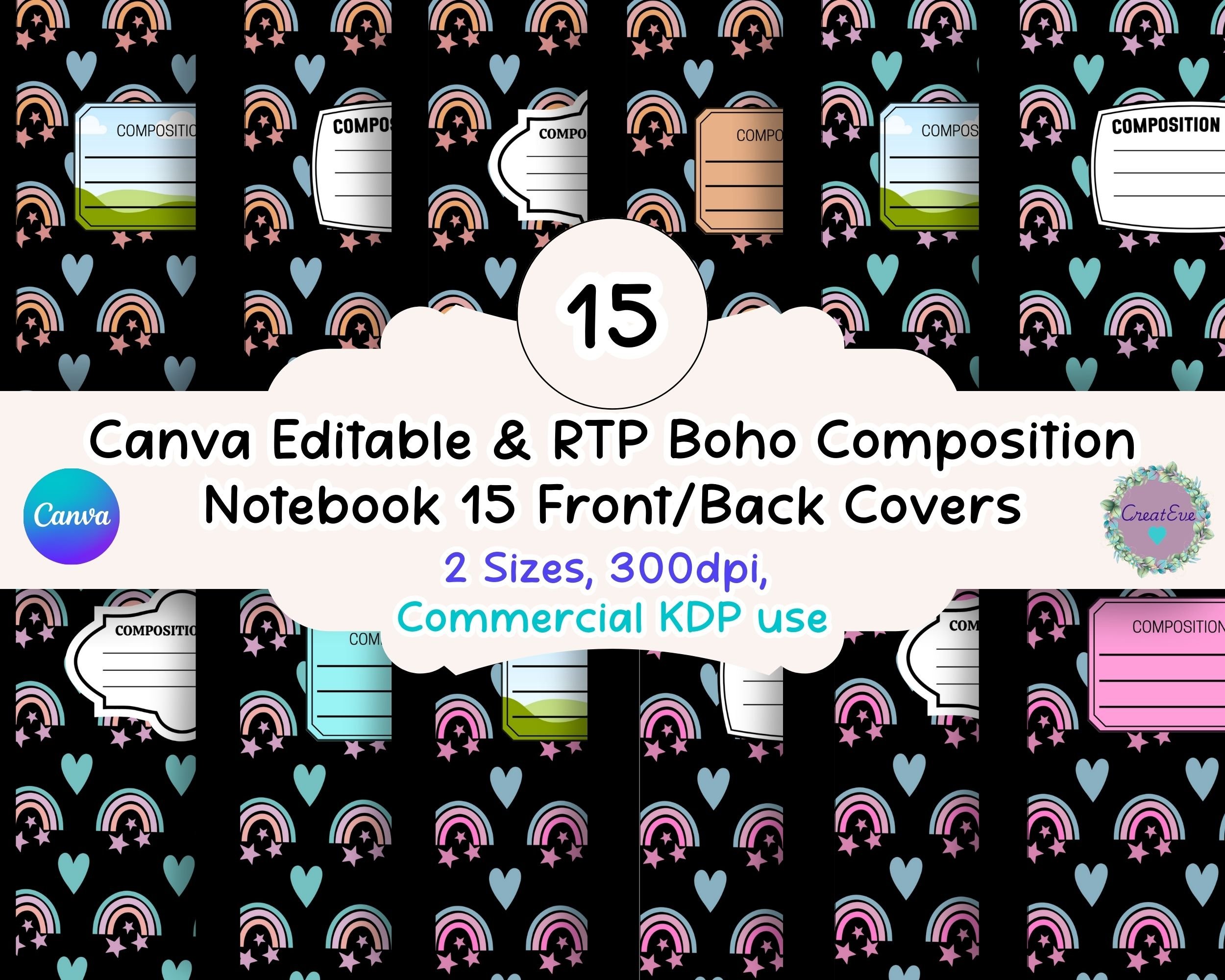 Boho Composition Notebook 3 Colorway - 15 CoversPNG Canva Editable AND ...