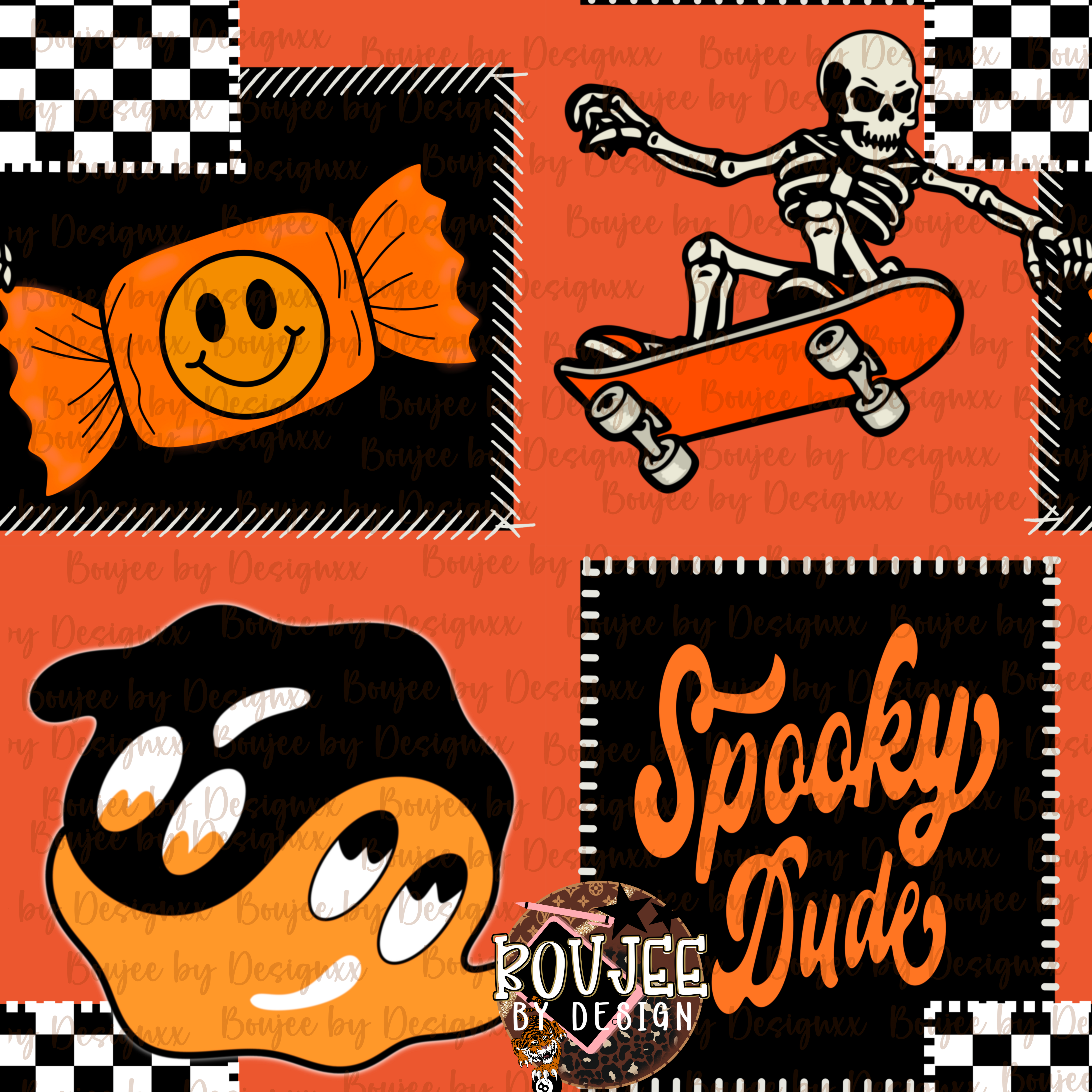 Spooky Dude Halloween Seamless Pattern | Skeleton Skateboard, Retro Candy, Ghost, Checkerboard ...