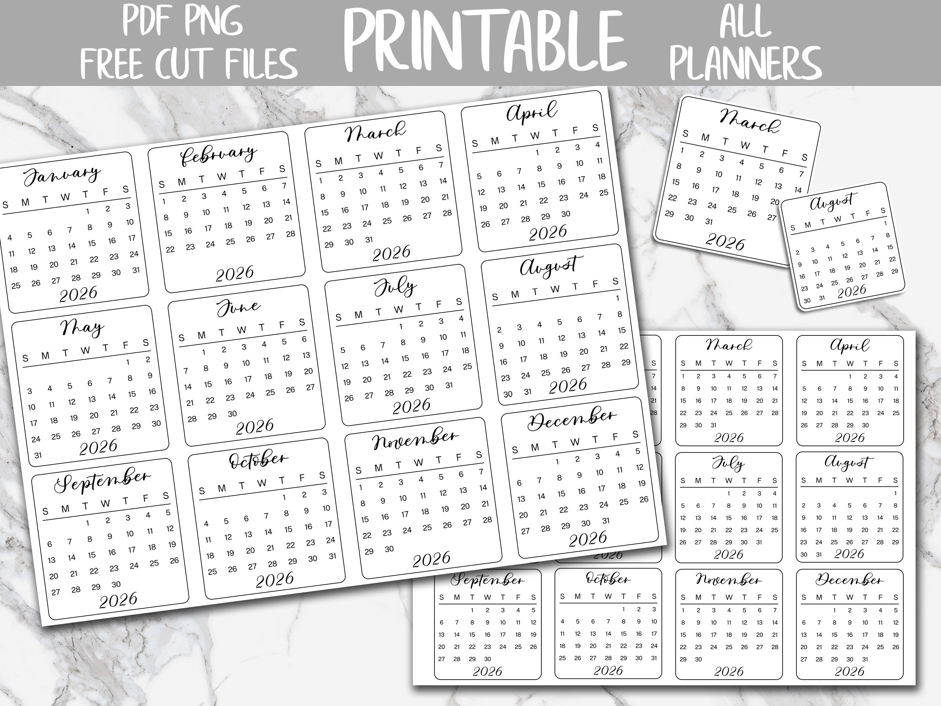 2026 Minimal Calendars Printable Planner Stickers, Sunday Start ...