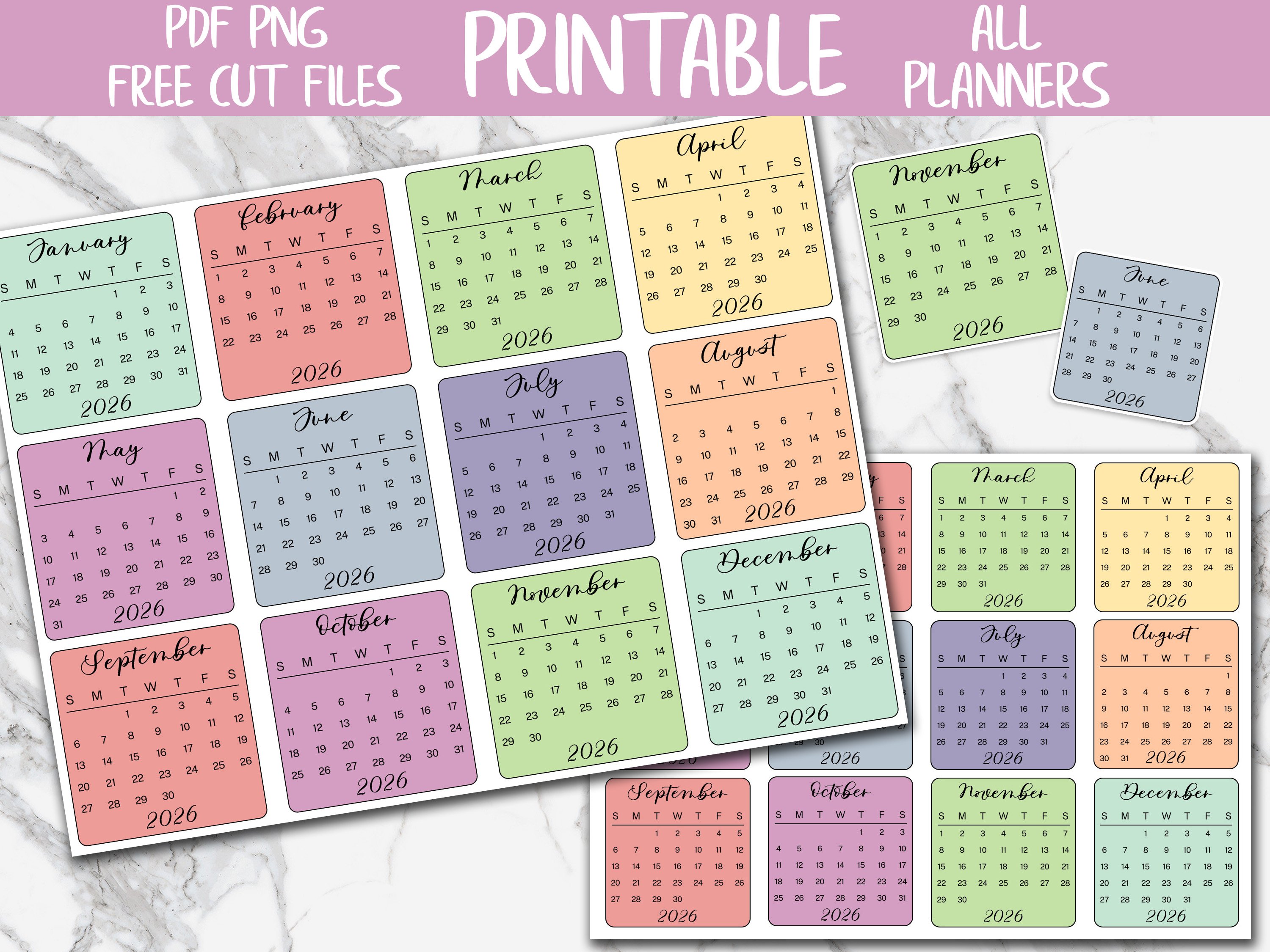 2026 Colorful Calendars Printable Planner Stickers, Sunday Start ...