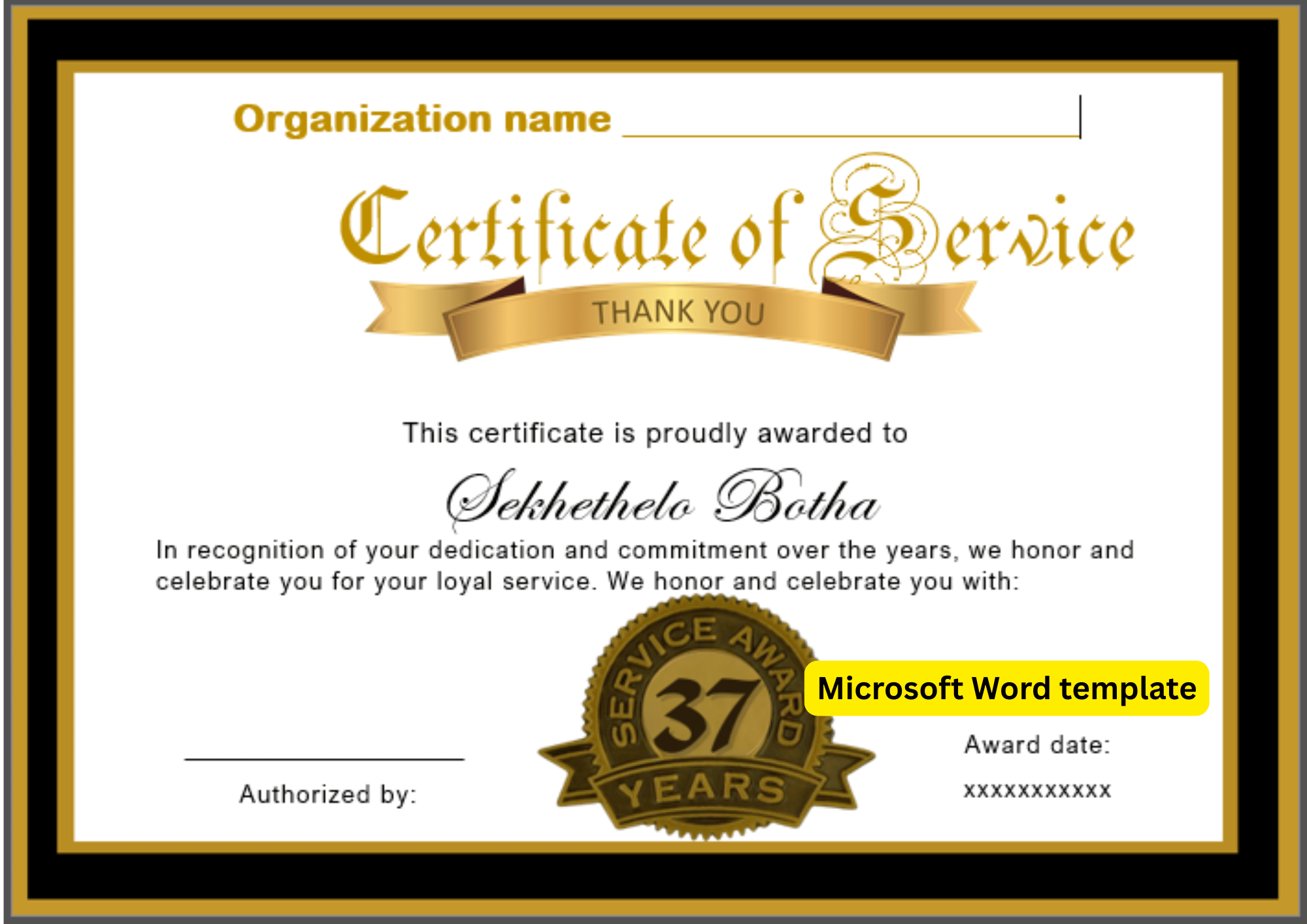 37 years service. Microsoft Word template with logo tailored with ...