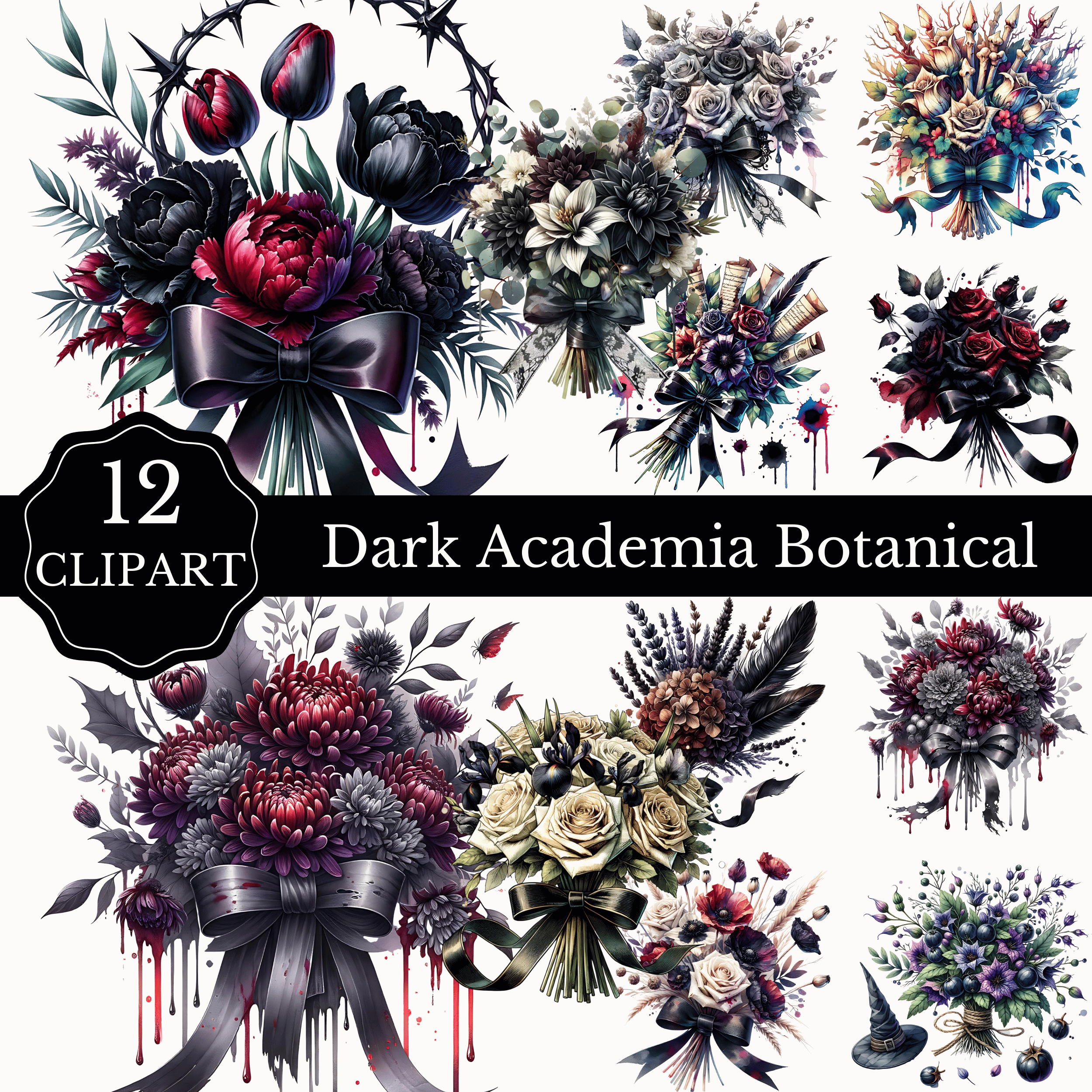Dark Academia Botanical Clipart Bundle | 12 Gothic Flower Bouquets ...