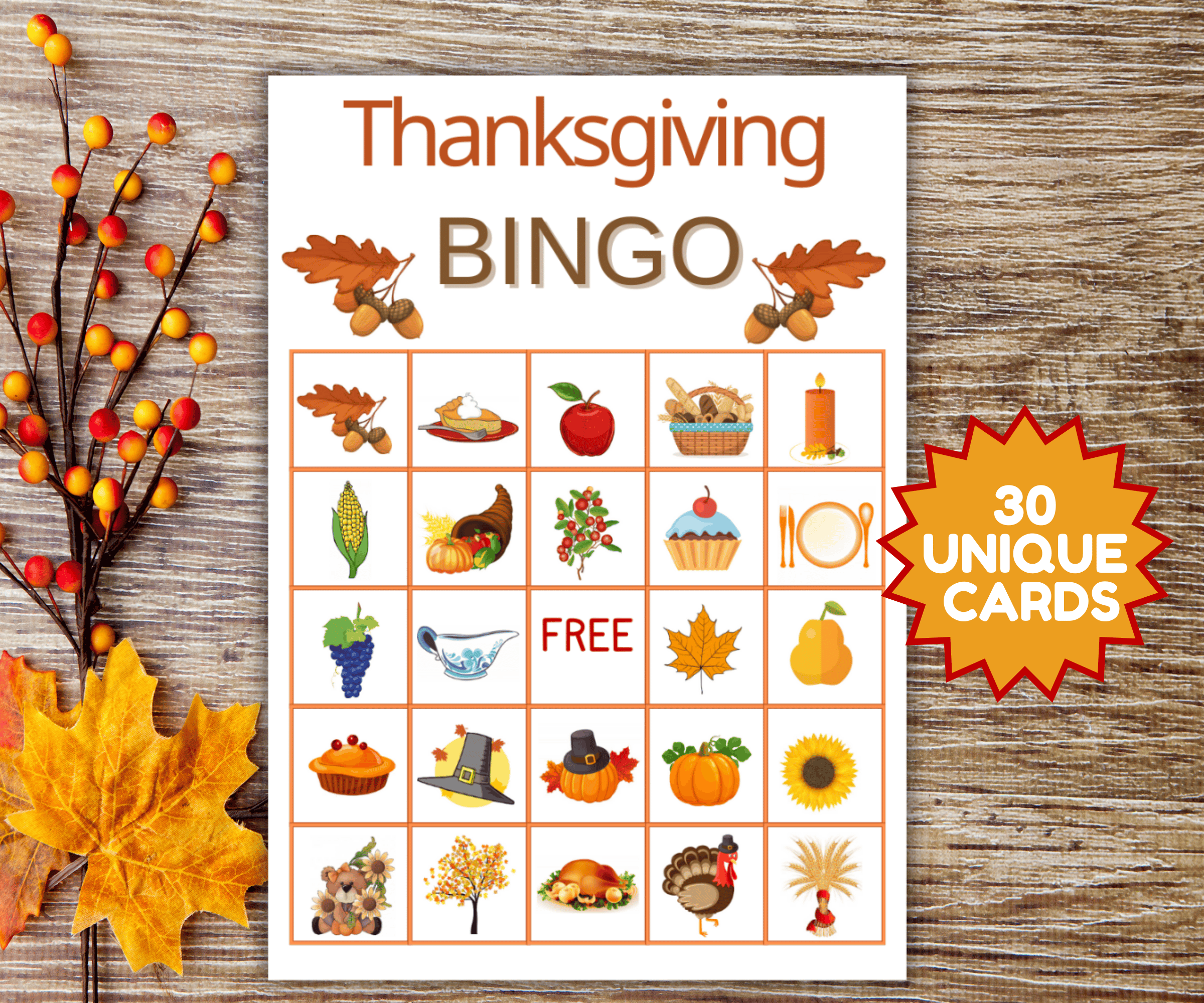 Thanksgiving Bingo Game, 30 Printable Cards, Turkey Day, Fall Party ...