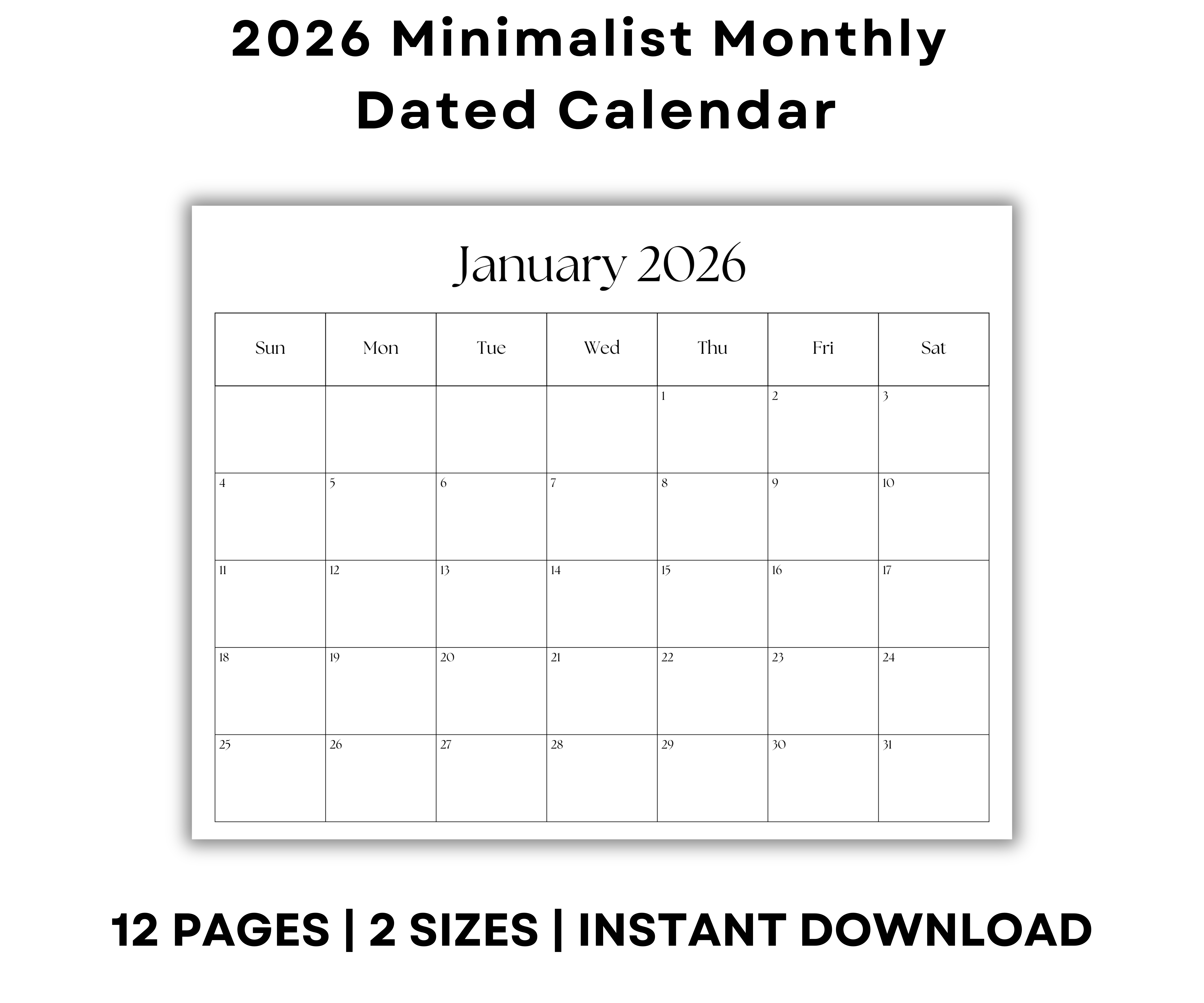 2026 Minimalist, Classic, Plain Calendar, Printable Landscape ...