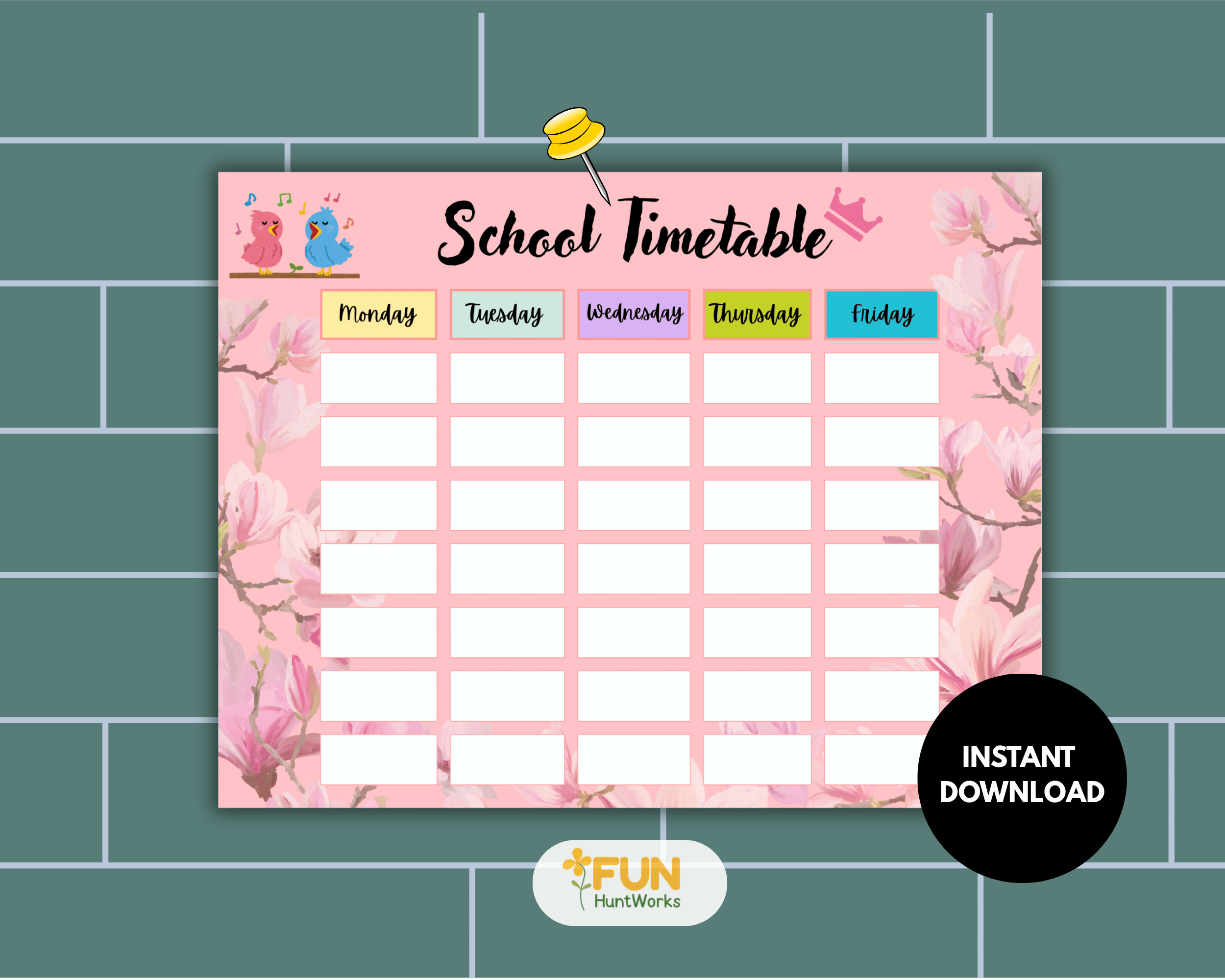 Printable School Timetable – Pink Floral Cute Birds & Crown Design ...