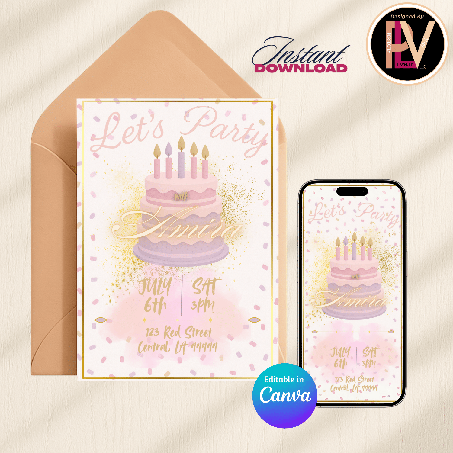 Pink & Gold Confetti Birthday Invitation | Editable Canva Template - Payhip