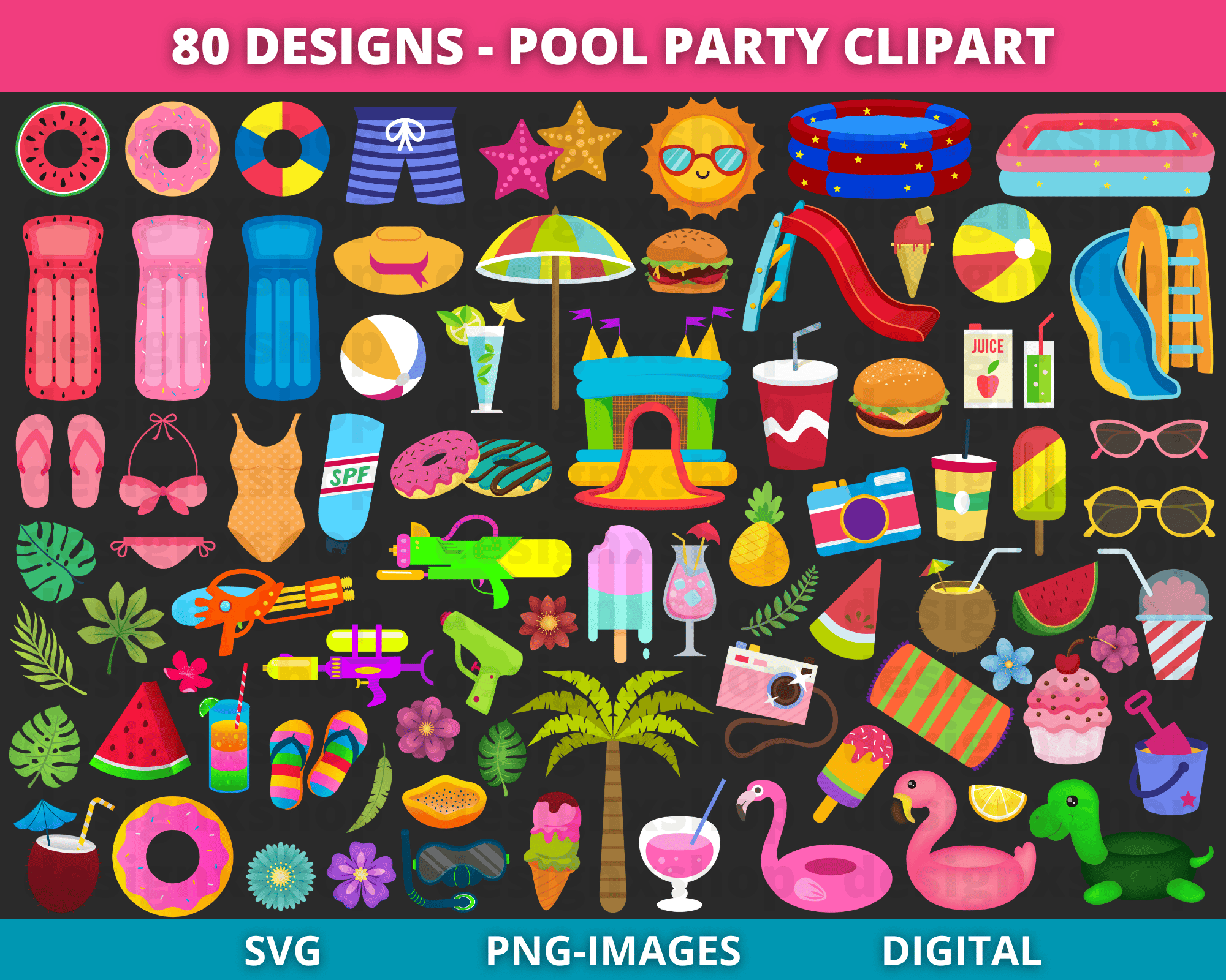 Pool Party Clipart, Summer Clipart, Pool Graphics, Swimming, Pineapple ...