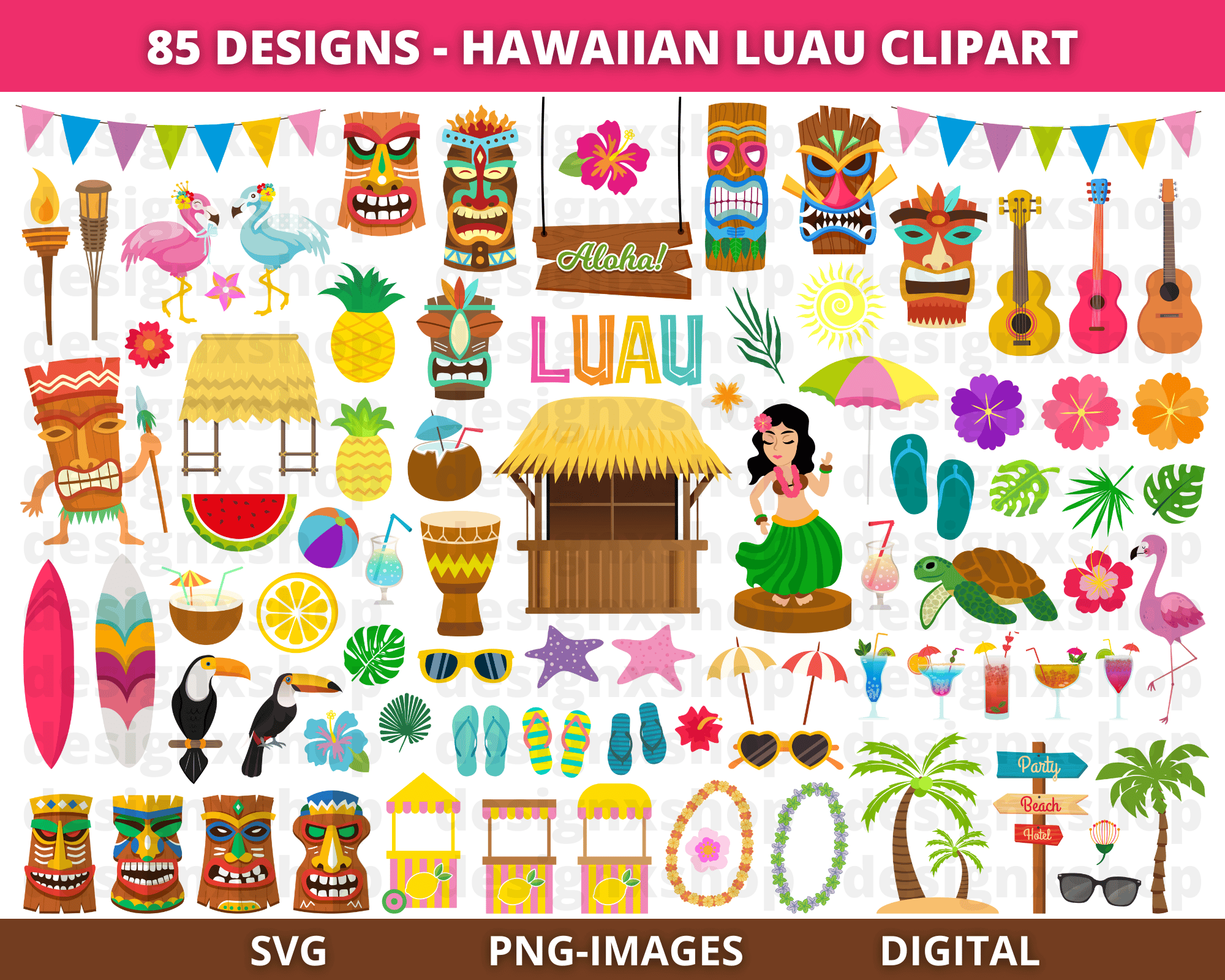 Luau Clipart, Tropical Luau Clipart, Hawaiian Luau Clipart, Tiki ...
