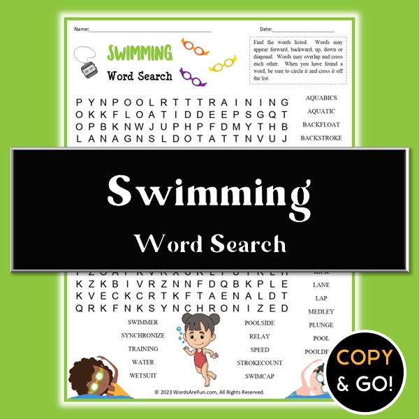 Swimming Word Search PDF | Water Sports Puzzle Printable for Kids & Teens