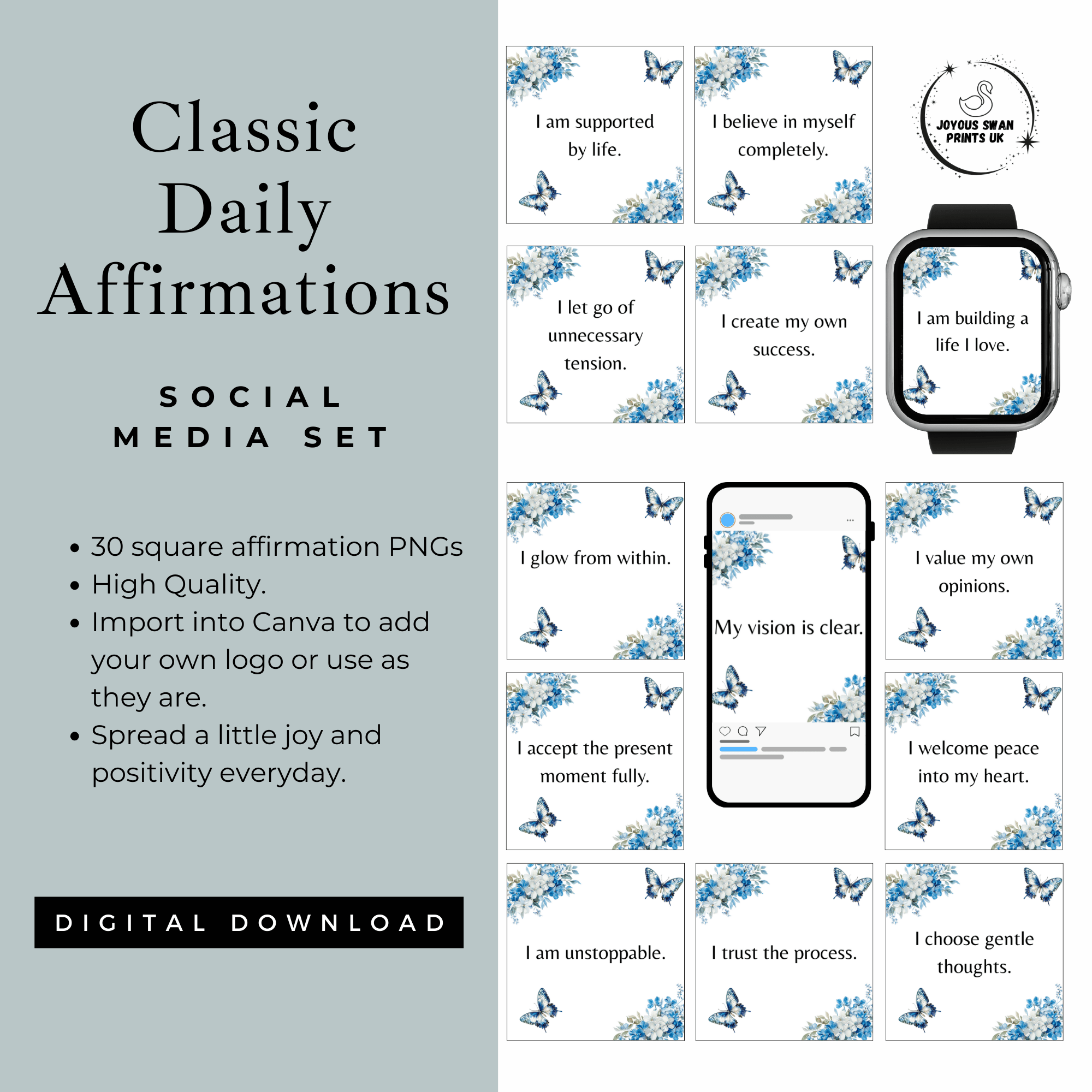 Blue Floral Classic Affirmations - Social Media Edition - Payhip